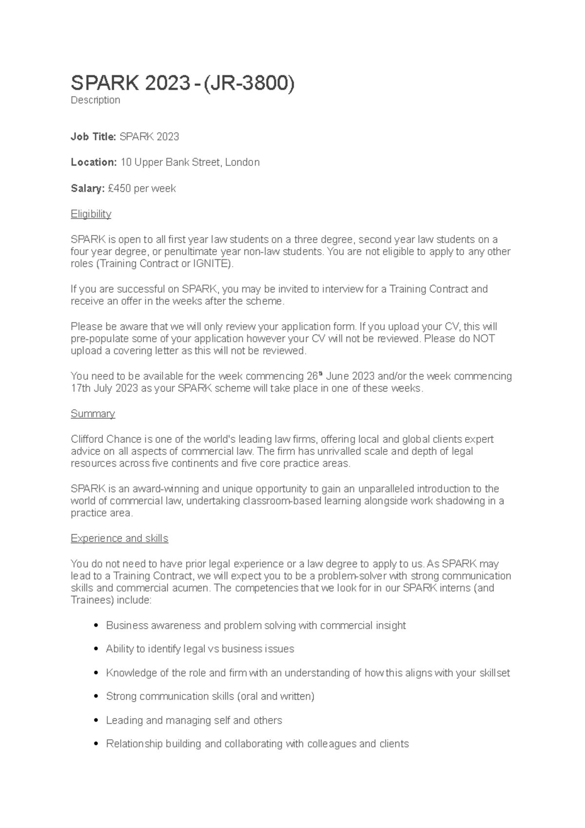 Spark 2023- clifford chance - SPARK 2023 - (JR-3800) Description Job ...