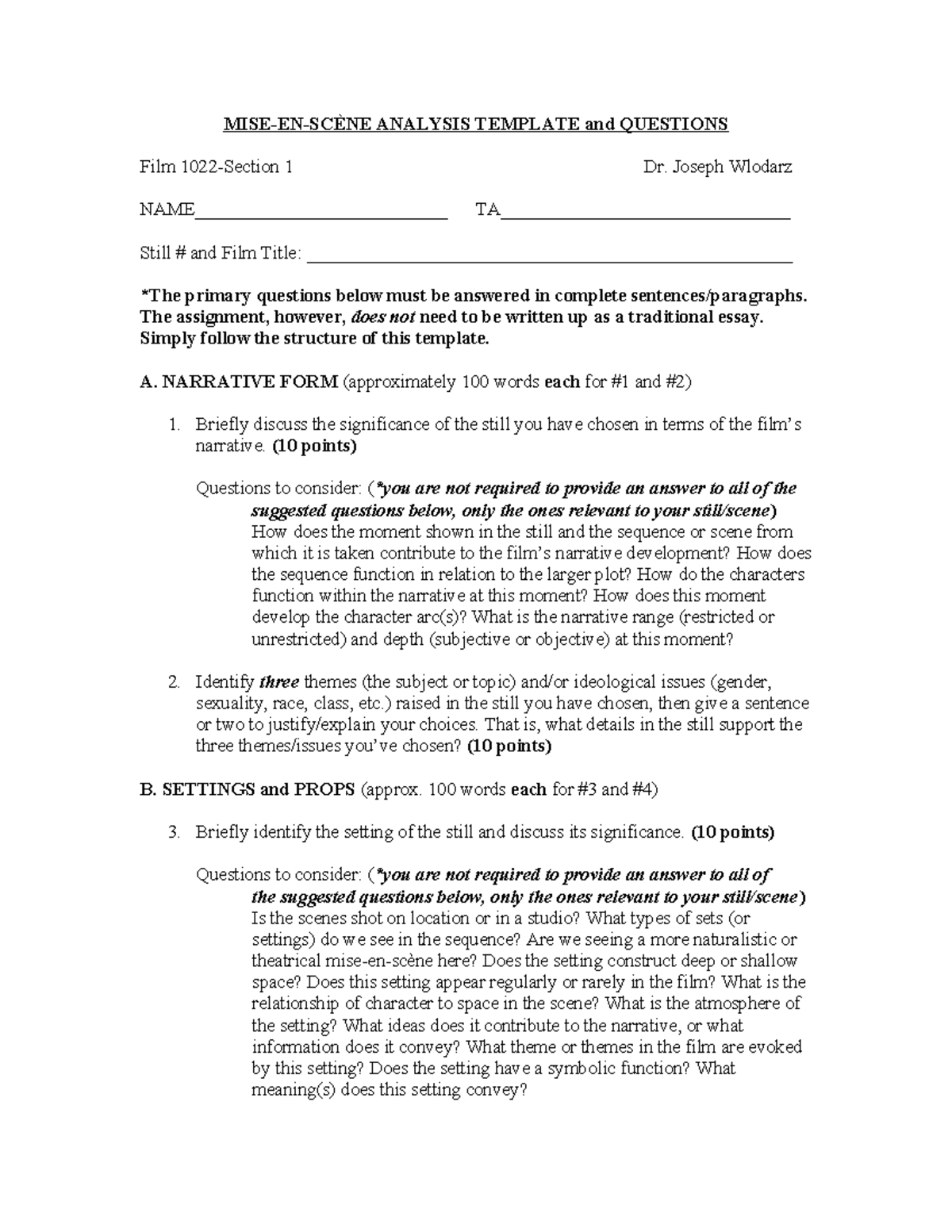 Film 1022—Mise-en-Scene Analysis Template - MISE-EN-SCÈNE ANALYSIS ...