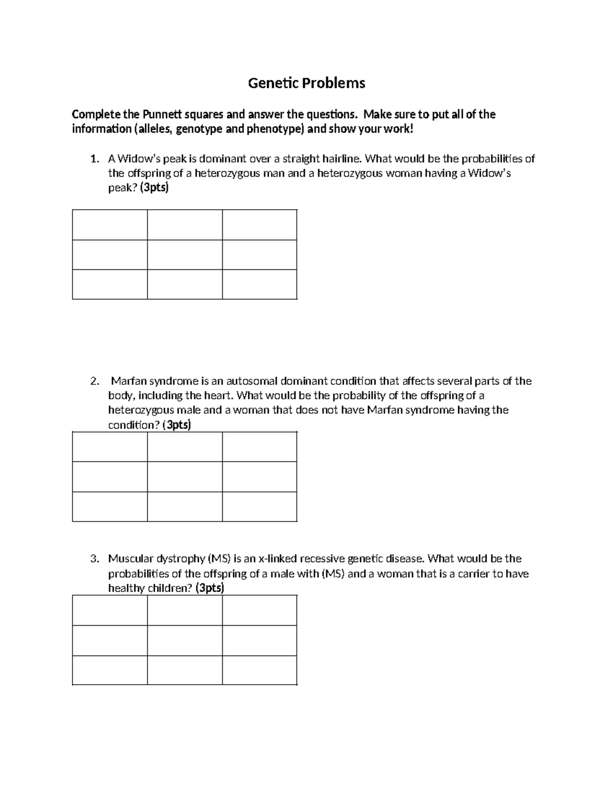 Genetics Assignment-1 - Genetic Problems Complete the Punnett squares ...