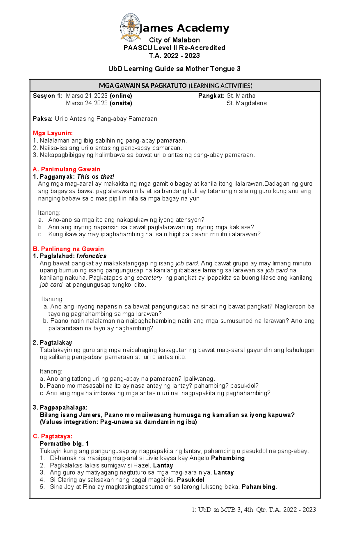Q4.S1,S2,S3 (MT3) - St. James Academy City of Malabon PAASCU Level II ...