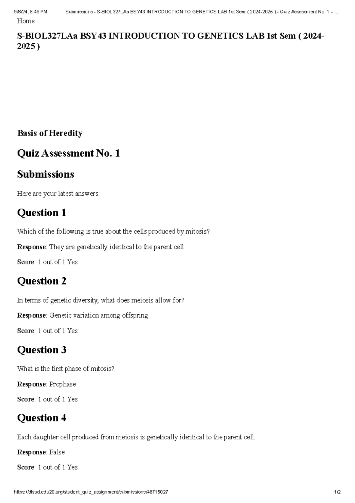 Submissions S BIOL327LAa BSY43 Introduction TO Genetics LAB 1st Sem ...