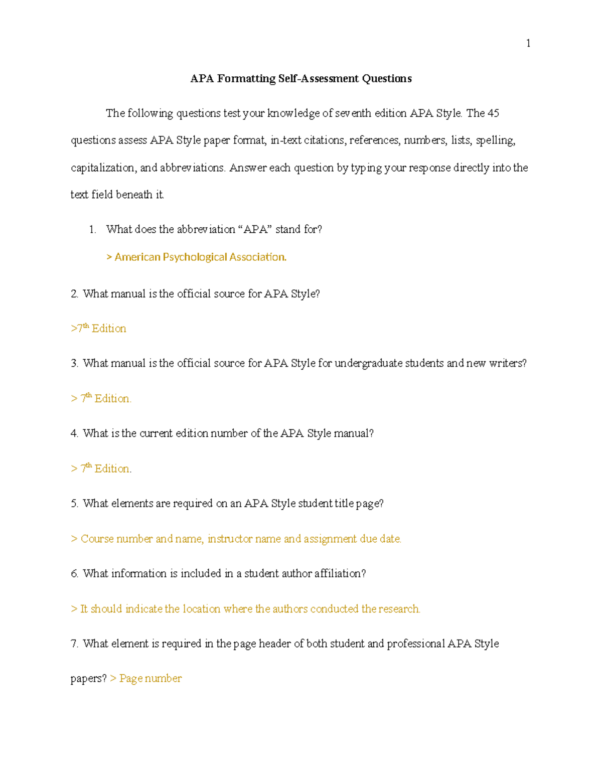 APA Formatting Self-assessment - The 45 questions assess APA Style ...