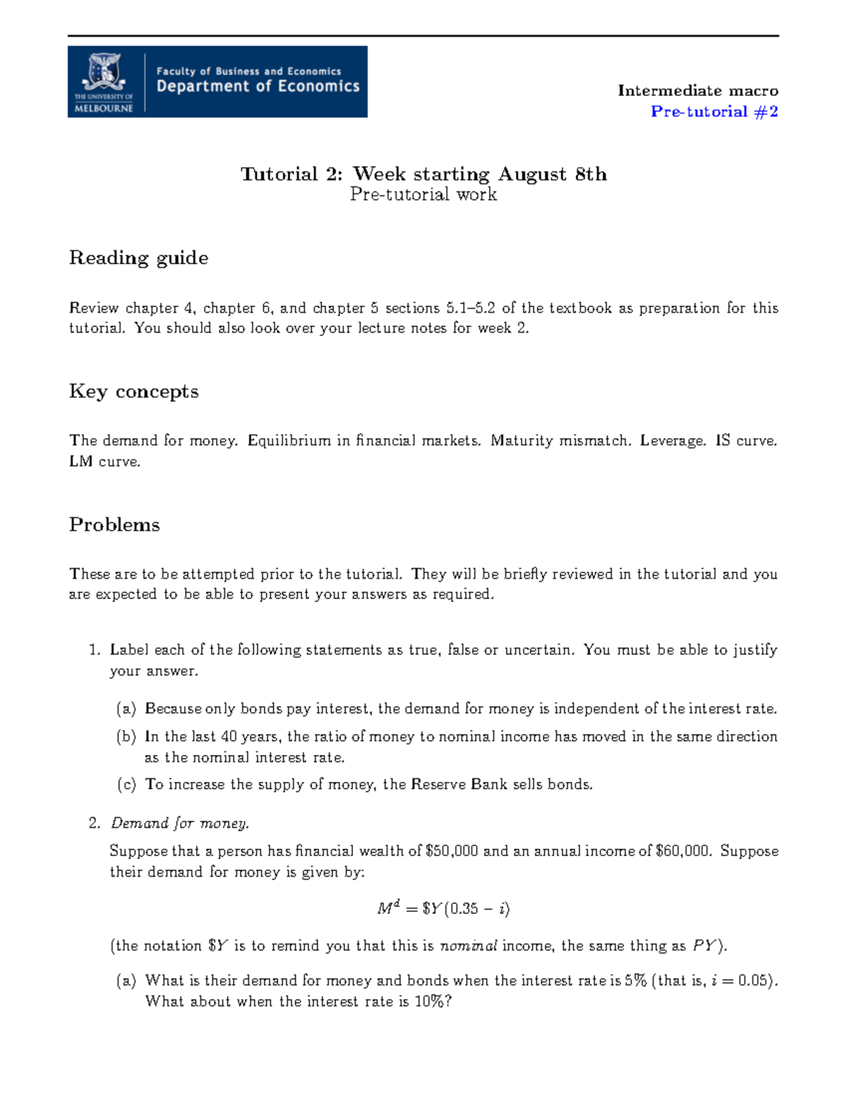Pretutorial 2 Pre Tutorial Questions For Week 3 Tutorial 2 Intermediate Macro Pre Tutorial