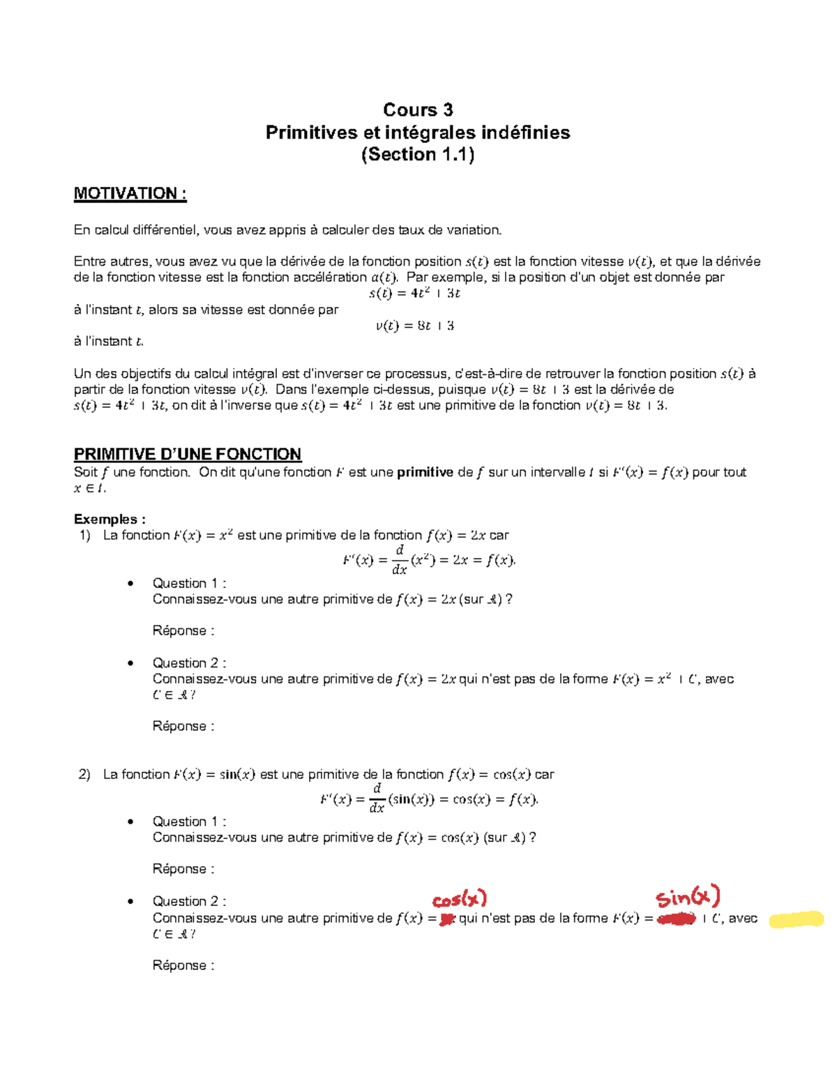Cours 3 - Primitives et intégrales indéfinies - Cours 3 Primitives et intégrales indéfinies ...