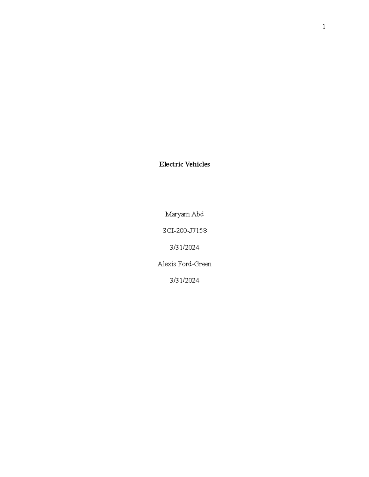 Electric Vehicles - good - Electric Vehicles Maryam Abd SCI-200-J 3/31 ...