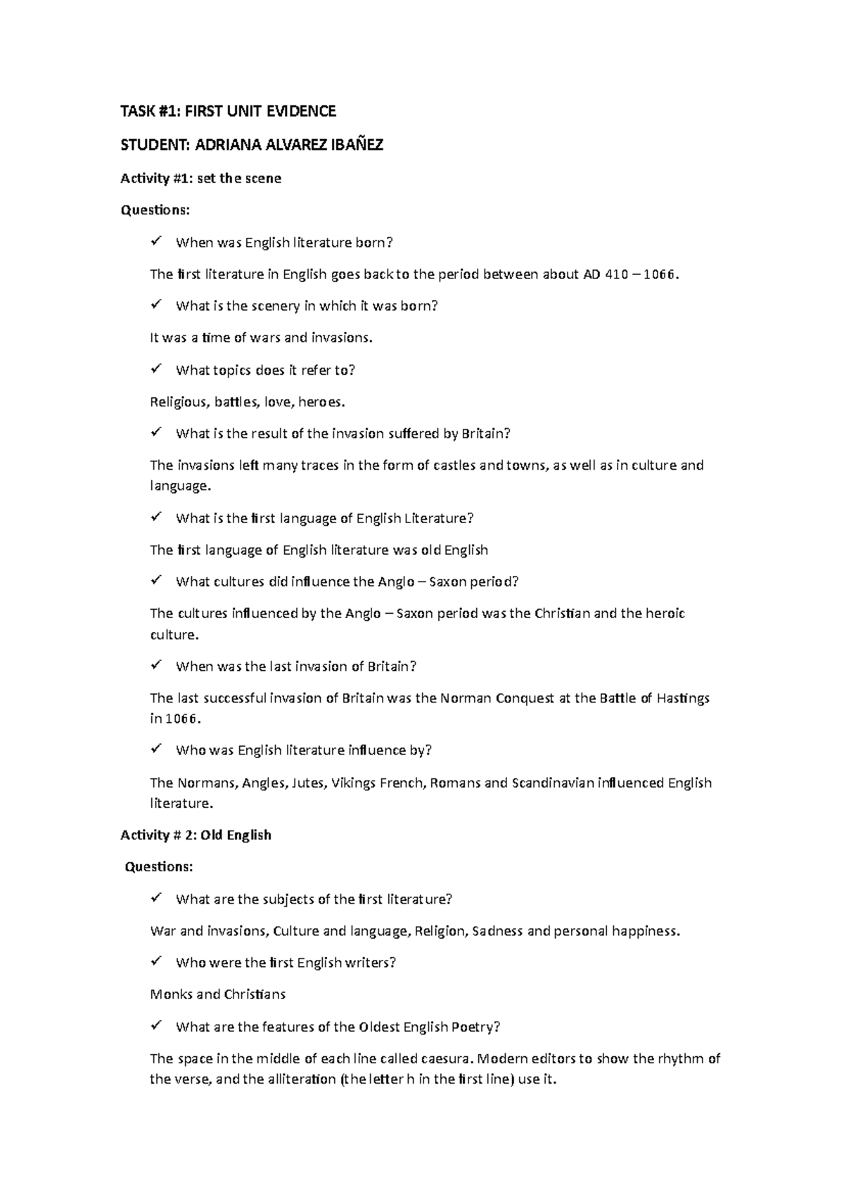 English Literature - summary - TASK #1: FIRST UNIT EVIDENCE STUDENT: ADRIANA ALVAREZ IBAÑEZ ...