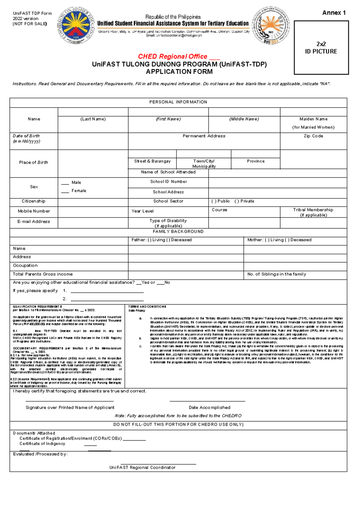 Pdfcoffee - 2x ID PICTURE UniFAST TDP Form Annex 1 2022 version (NOT FOR SALE) CHED Regional ...