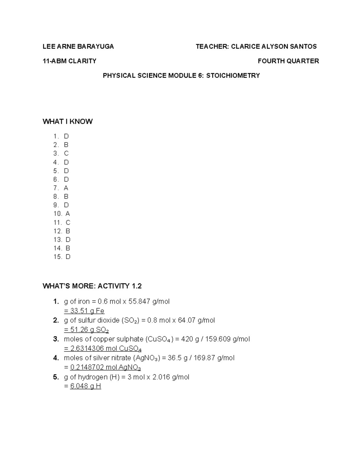 Physical Science Module 6 Stoichiometry Activities - LEE ARNE BARAYUGA ...