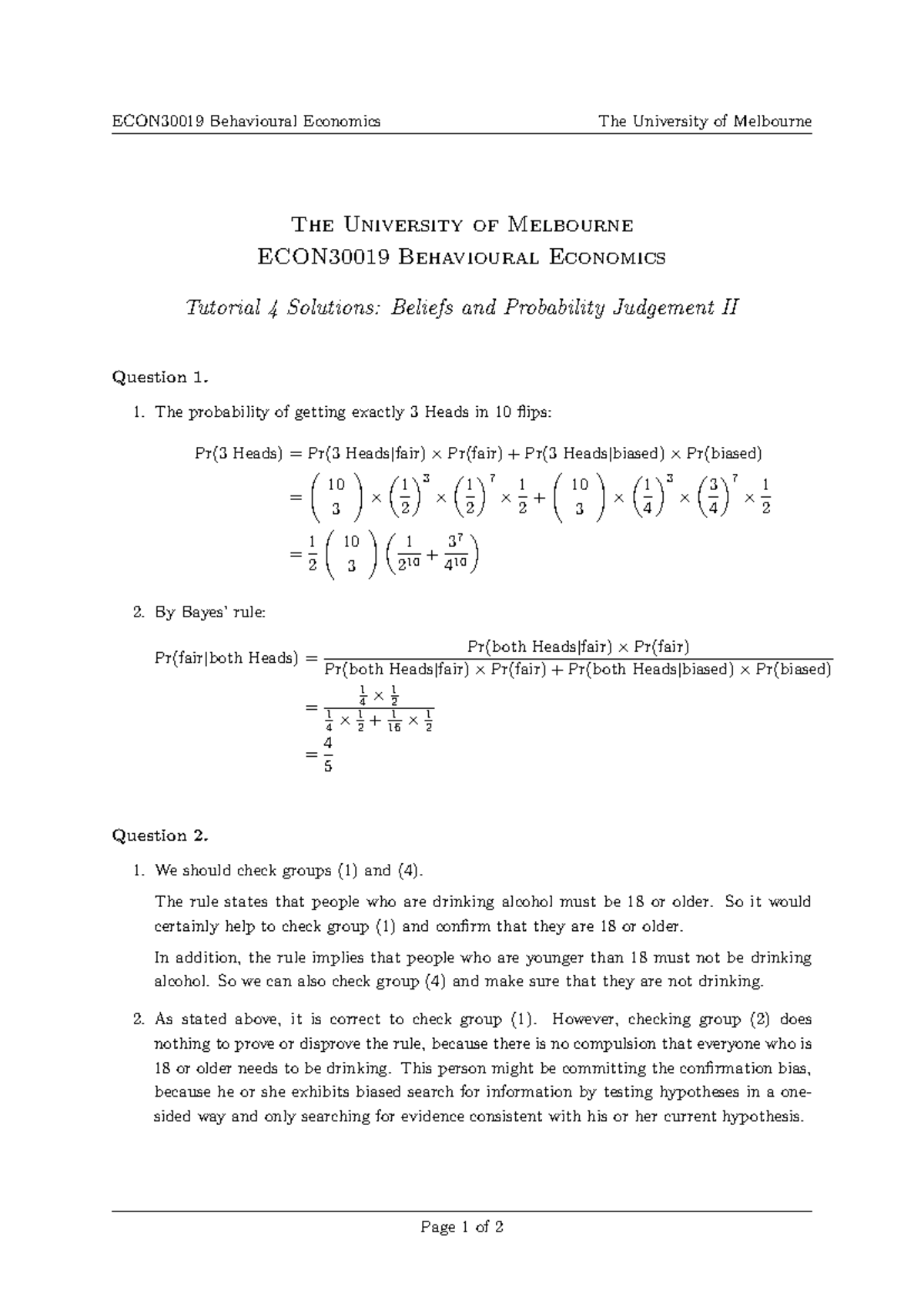 Sol T4 ECON30019 - tutorial 4 solution - ECON30019 Behavioural ...
