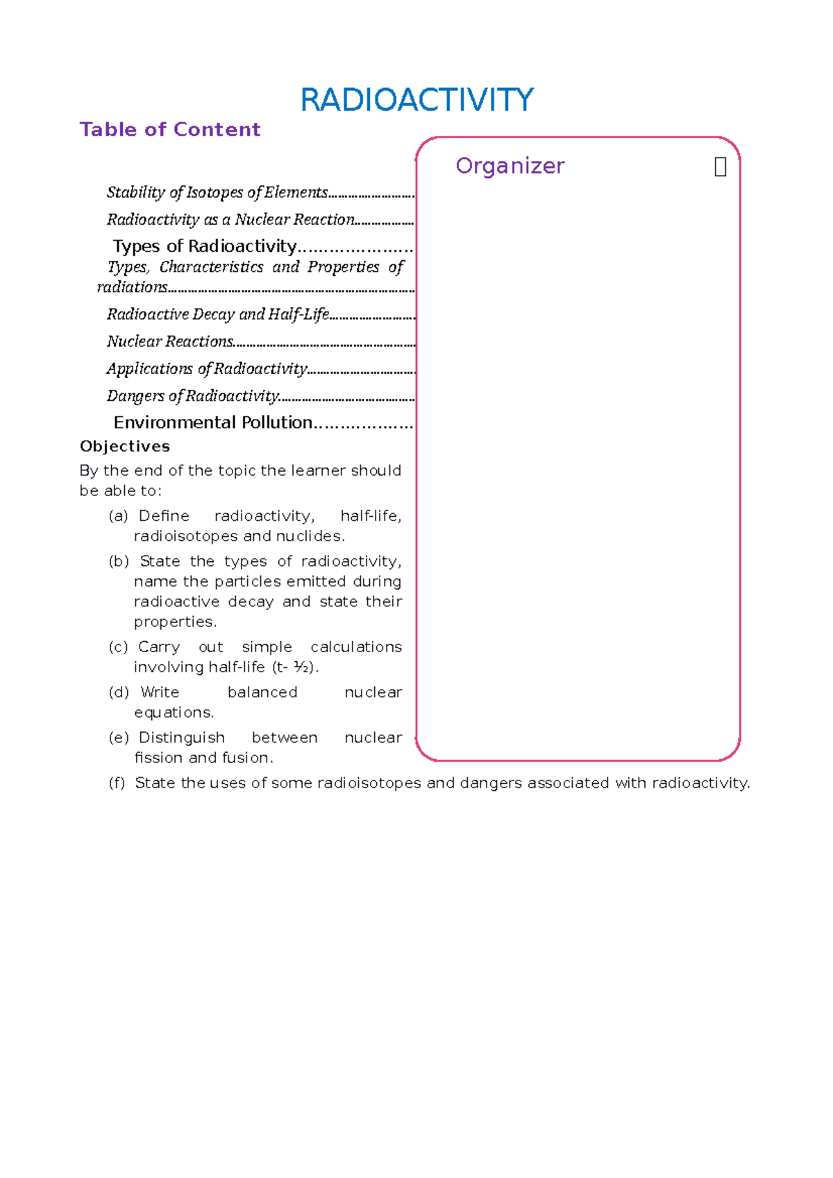 4.7 Radioactivity - RADIOACTIVITY Table of Content Stability of ...