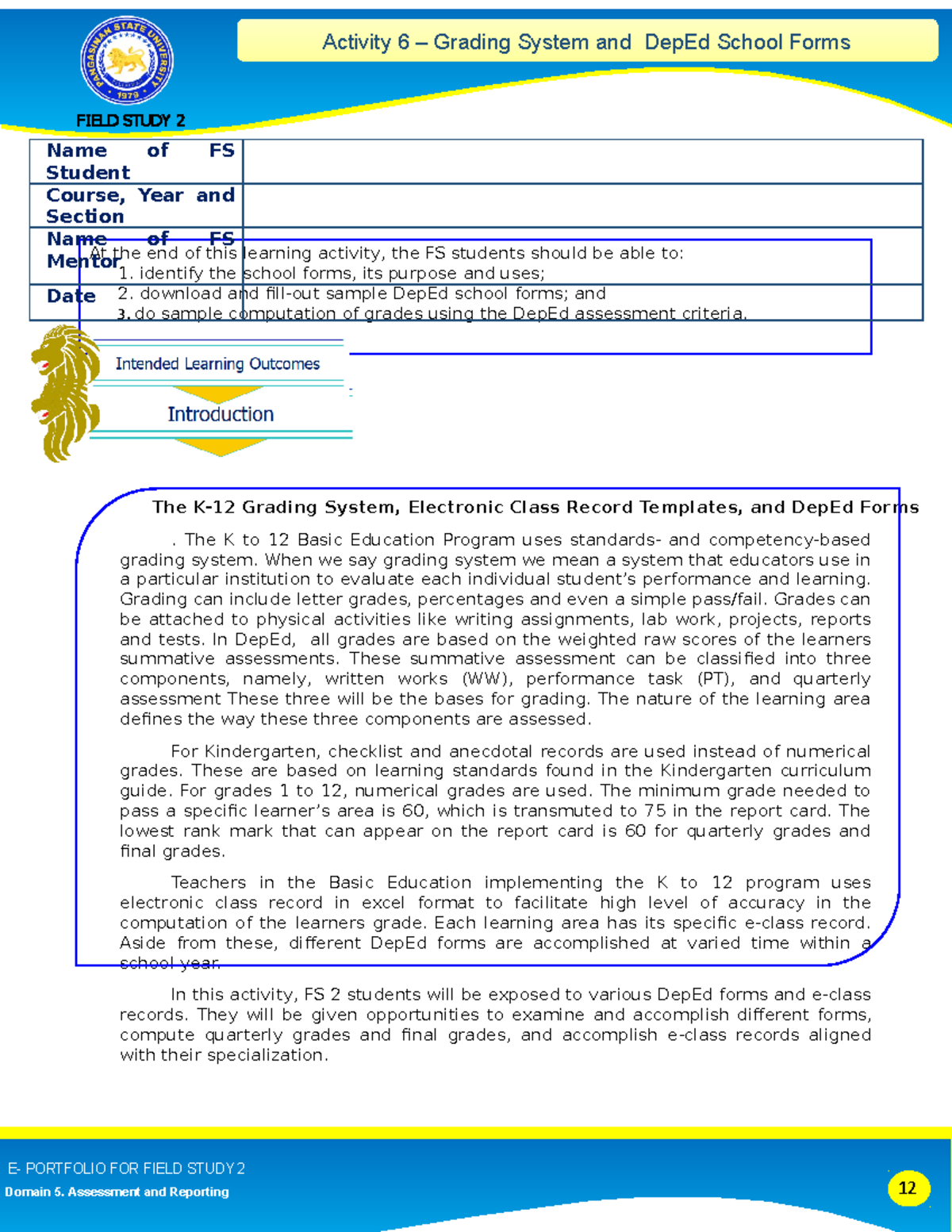 FS 2 Activity 6 - E- PORTFOLIO FOR FIELD STUDY 2 Domain 5. Assessment ...