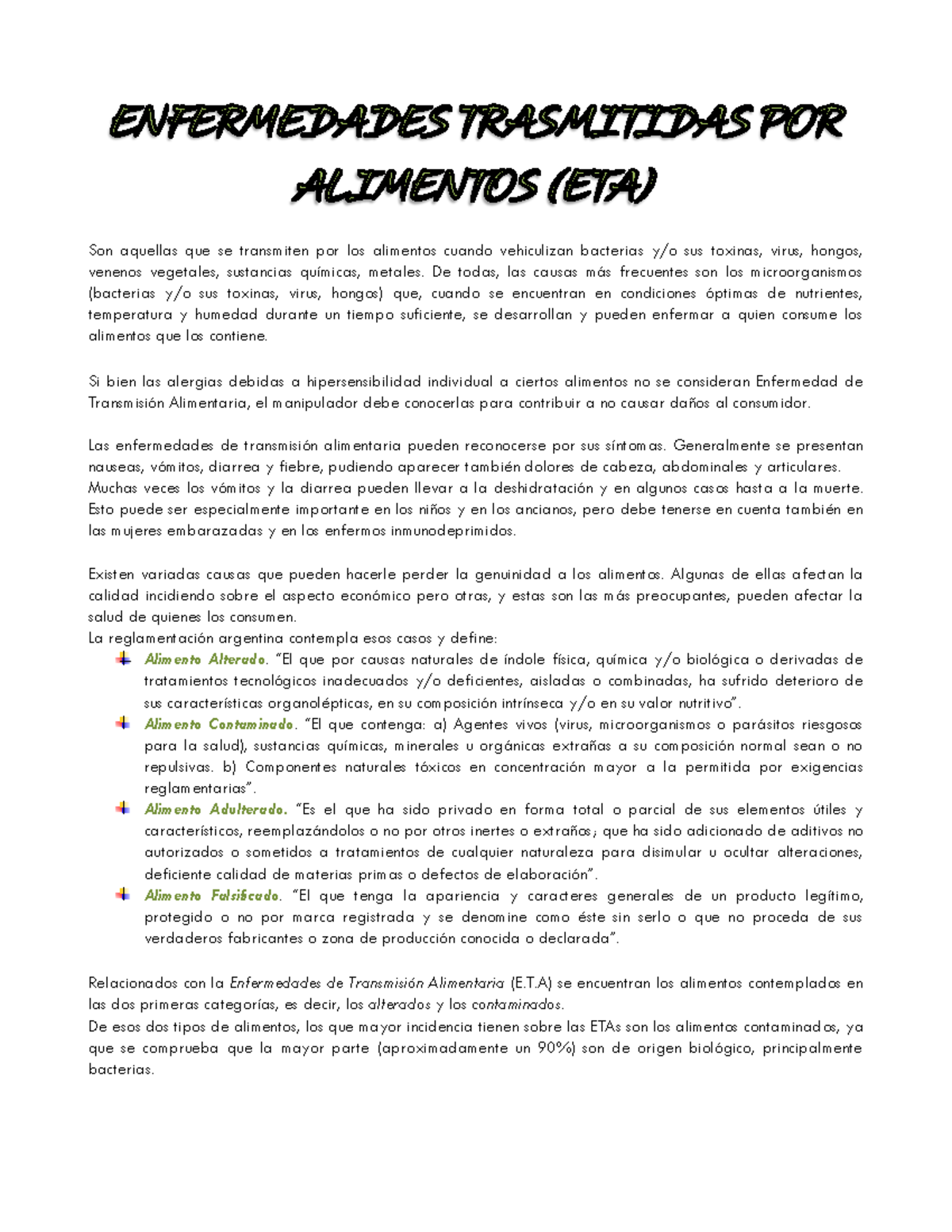 Enfermedades Trasmitidas por Alimentos (ETA) - Resumen - Son aquellas ...
