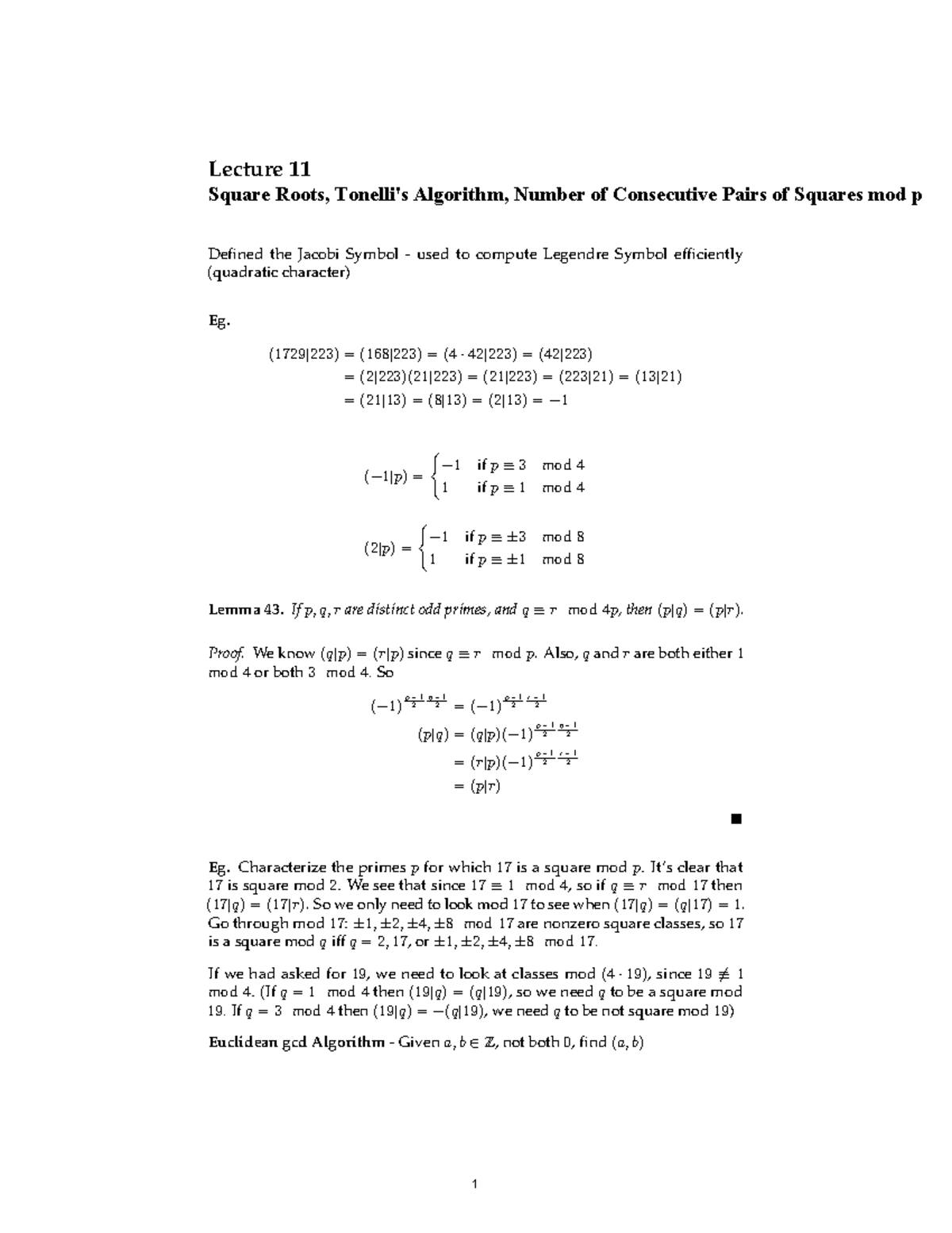 Theory Of Numbers Lecture 11 - Lecture 11 Square Roots, Tonelli's ...
