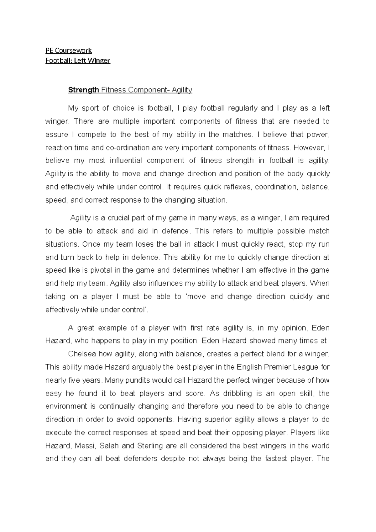 Football Example - PE Coursework Football: Left Winger Strength Fitness ...