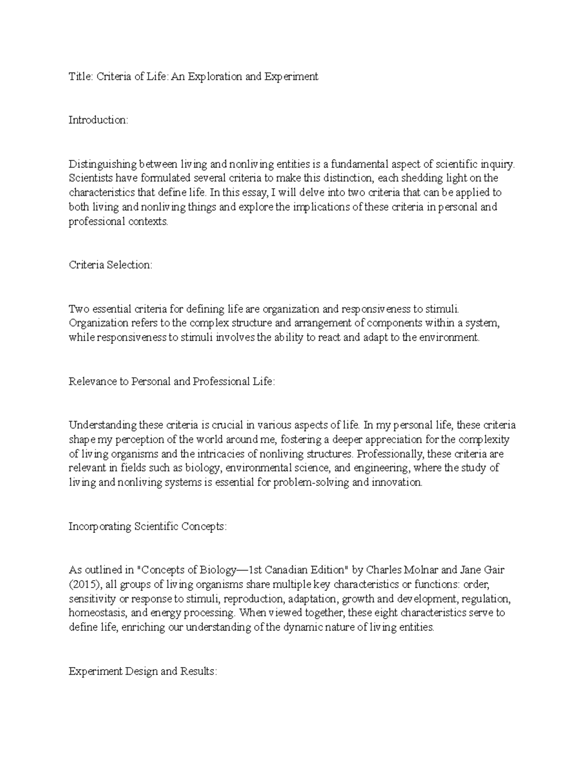 Life or Non-Life - Assignment - Title: Criteria of Life: An Exploration ...