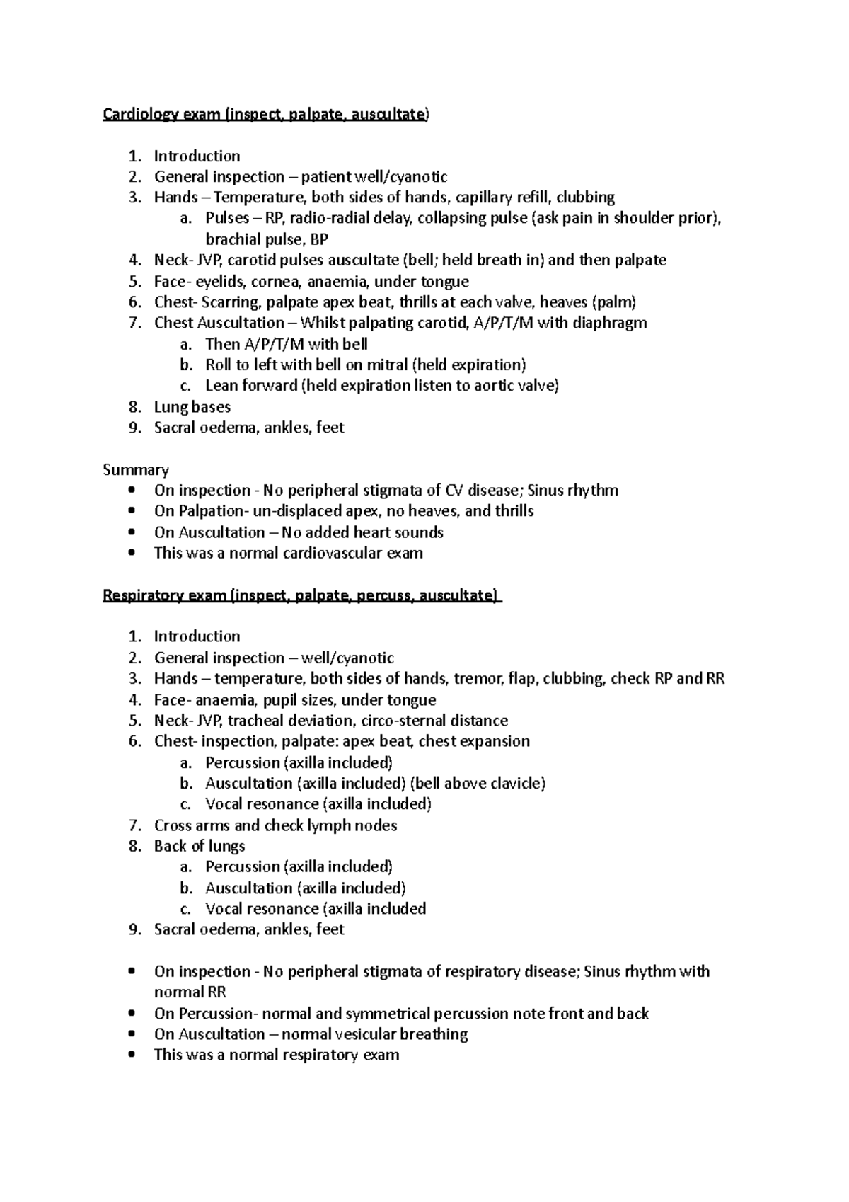 OSCE exam sequences - Cardiology exam (inspect, palpate, auscultate ...