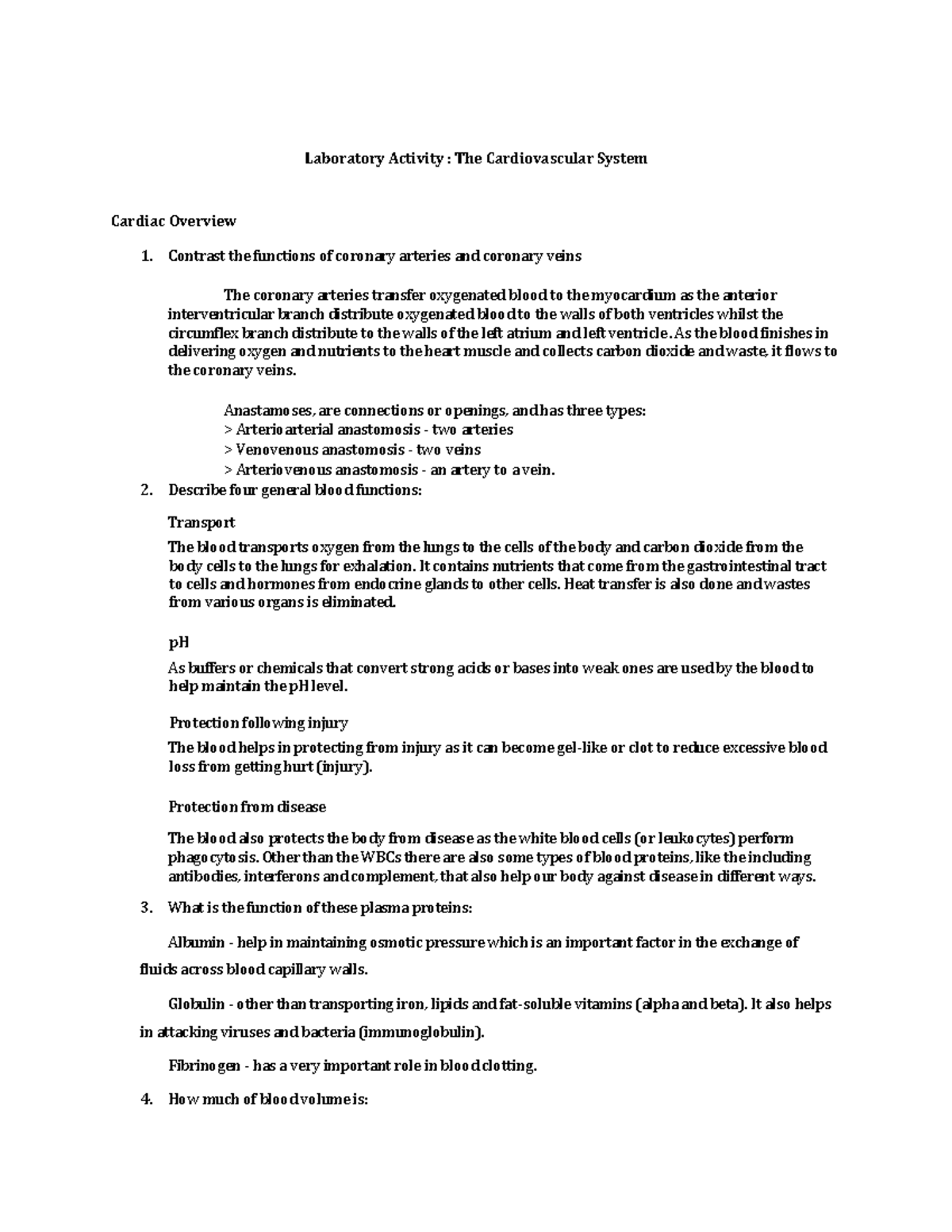 Cardiovascular System sksk - Laboratory Activity : The Cardiovascular ...