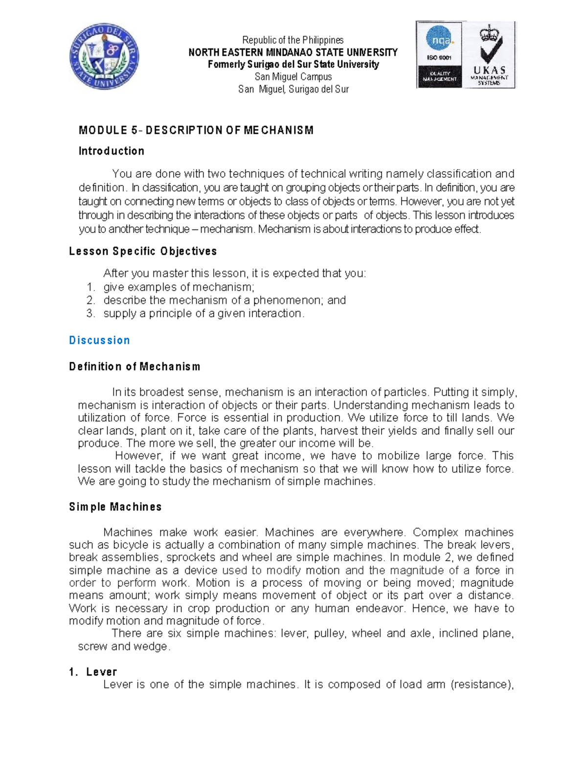 Module 5 - Description OF Mechanism - NORTH EASTERN MINDANAO STATE ...