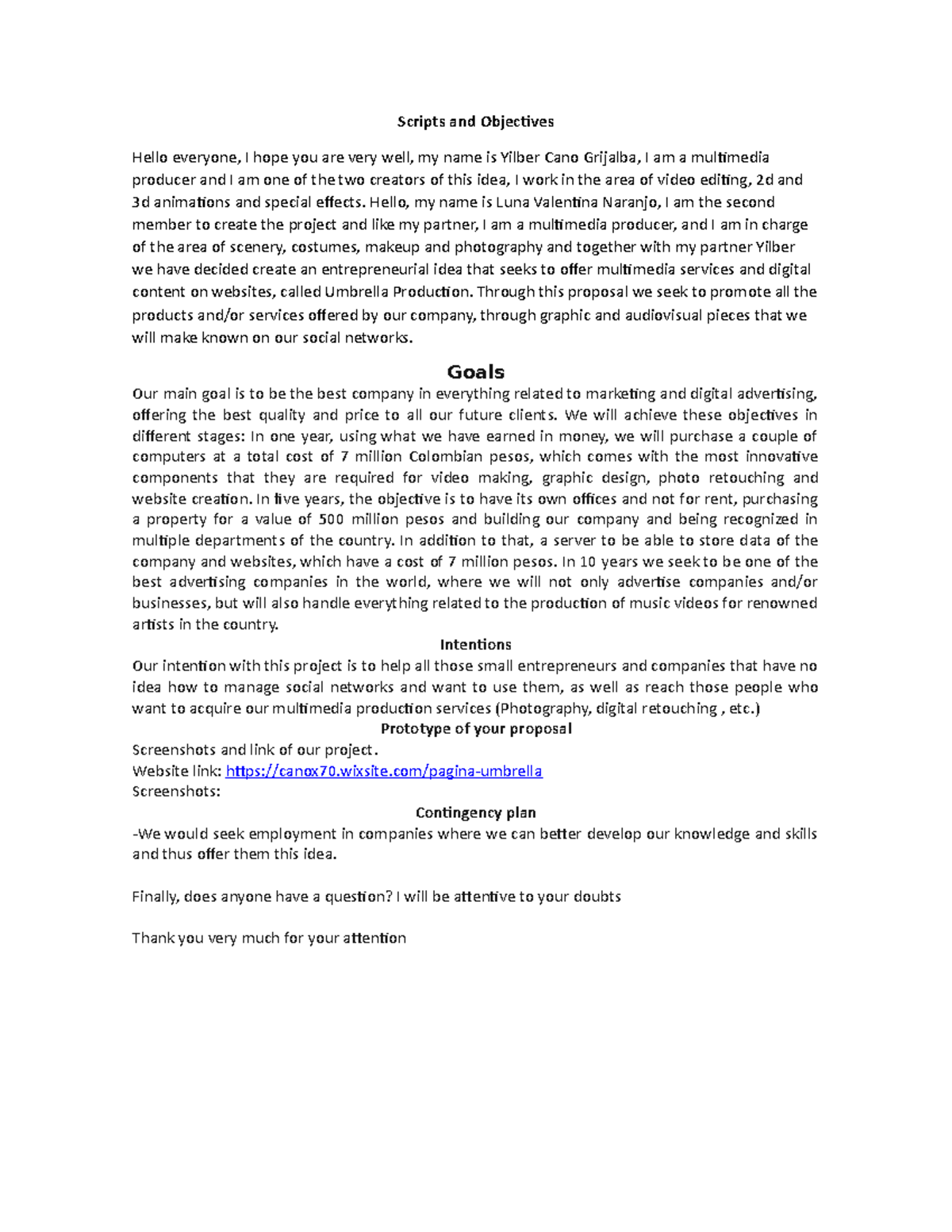 Foro Script- Presenting my multimedia Project - Scripts and Objectives ...