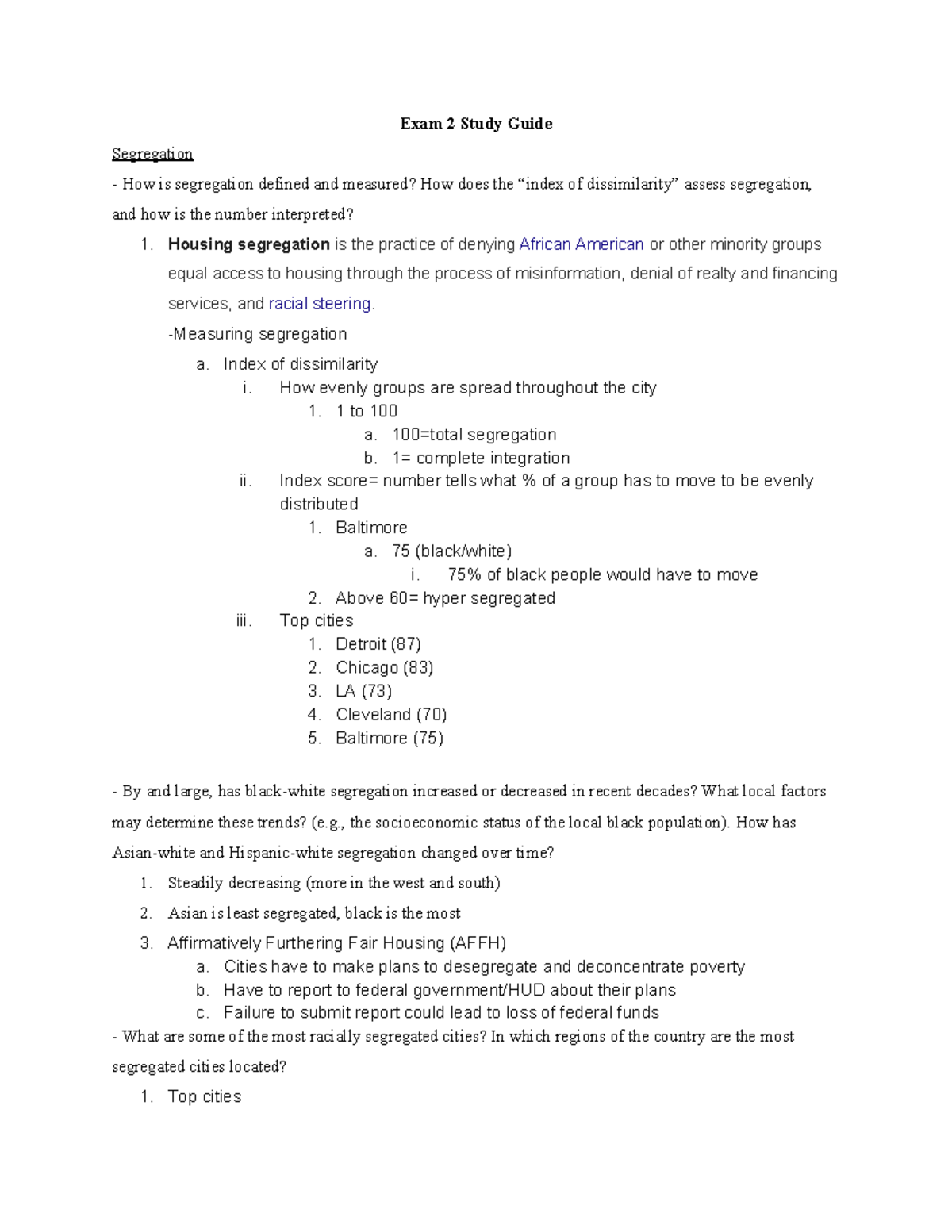 Final Study Guide - Greif, Meredith - Exam 2 Study Guide Segregation ...