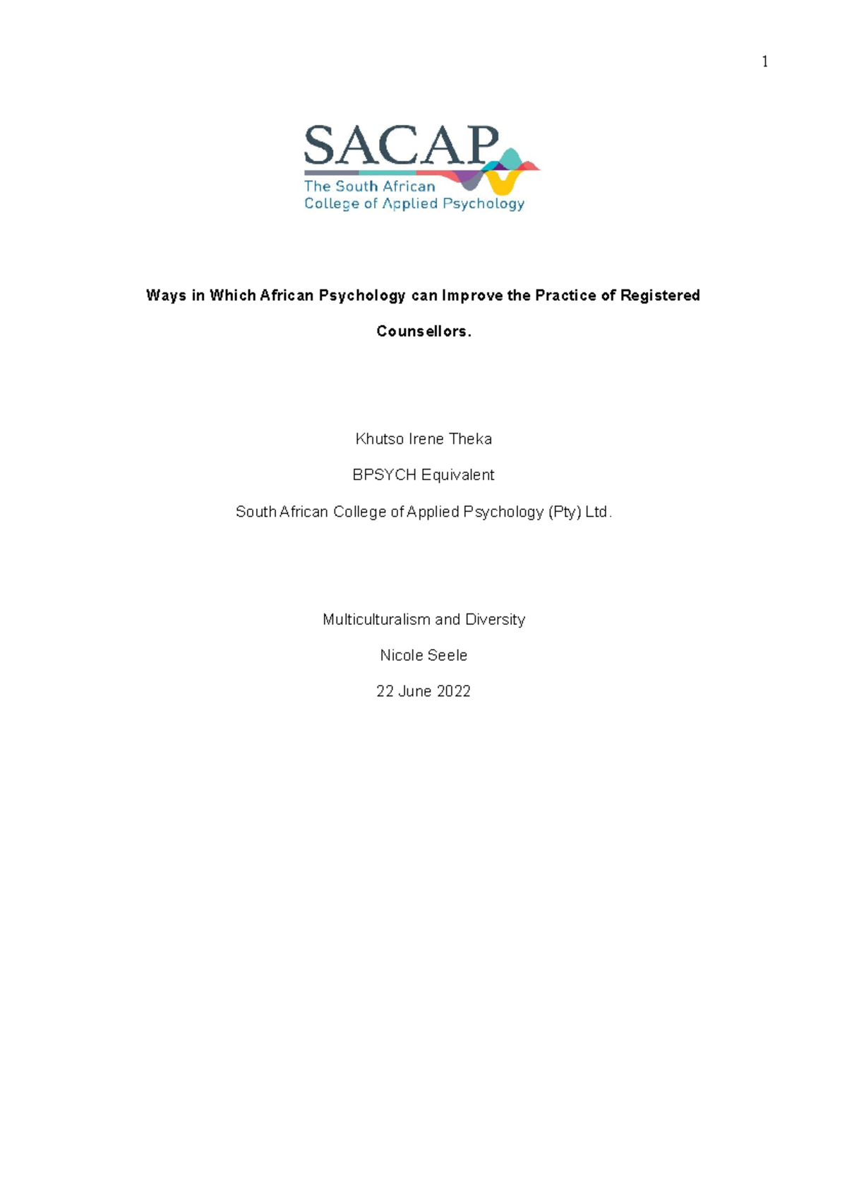 Sacap Assessment 1 Multicultural Final - Ways in Which African ...