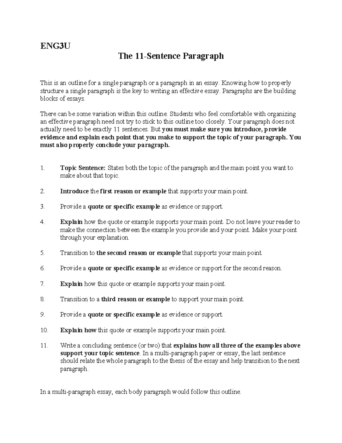 11 sentence paragraph outline - ENG3U The 11-Sentence Paragraph This is ...