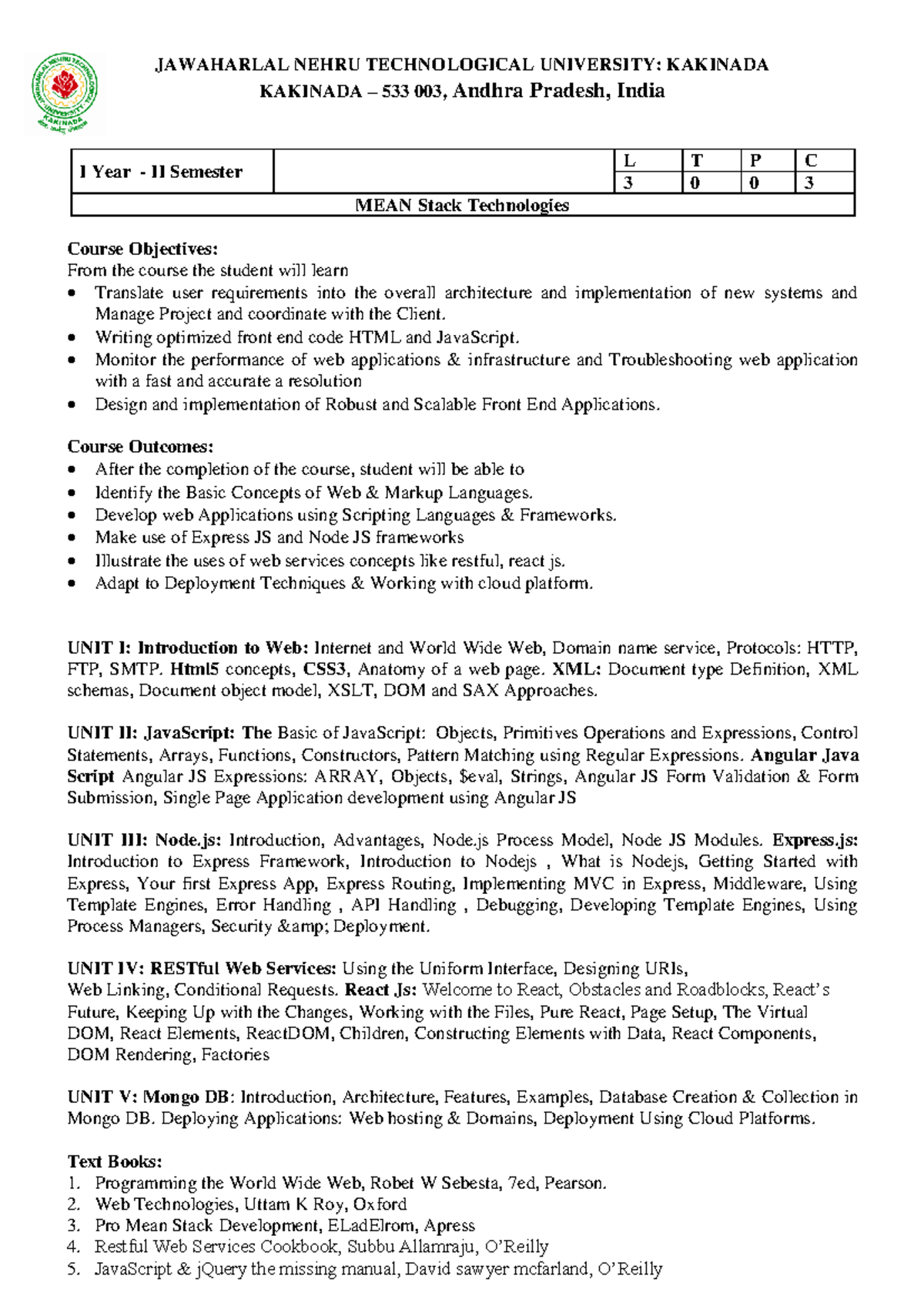 Syllabus - JAWAHARLAL NEHRU TECHNOLOGICAL UNIVERSITY: KAKINADA KAKINADA ...