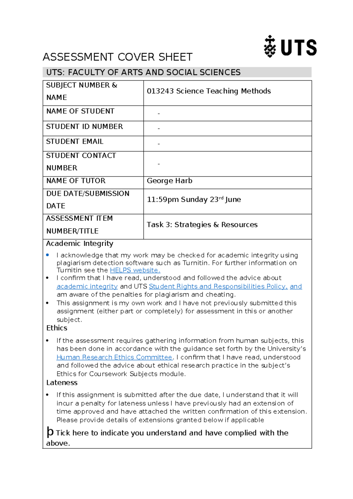 23 June STM 1 AT3 - Received high distinction! - ASSESSMENT COVER SHEET ...