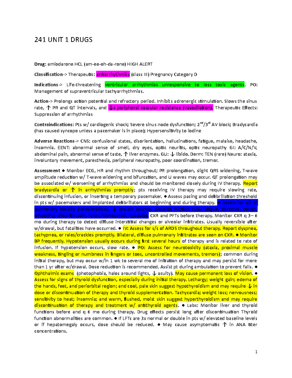 241 drugs unit 1 - Drug cards for unit 1 - 241 UNIT 1 DRUGS Drug ...