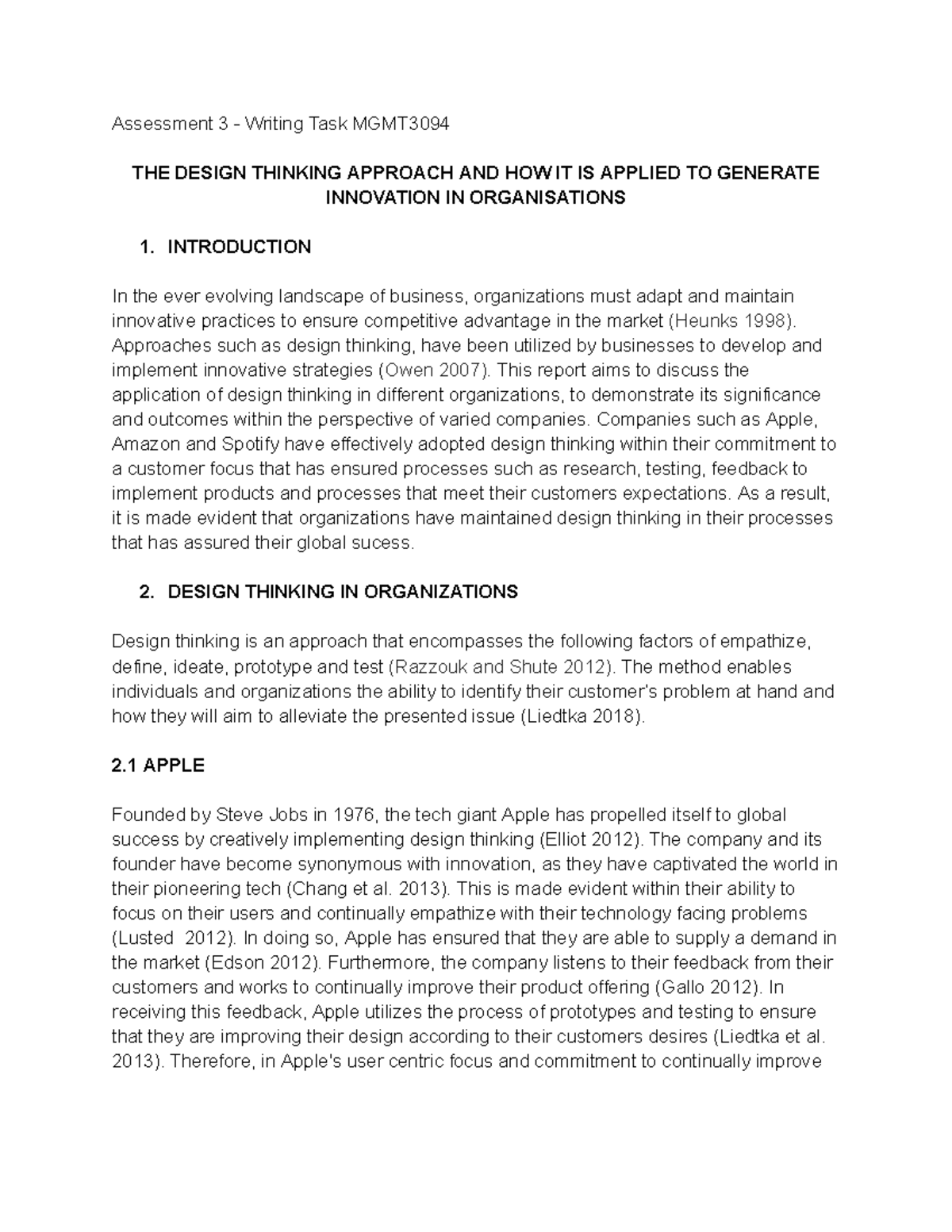 Assessment 3 - MGMT3094 - Assessment 3 - Writing Task MGMT THE DESIGN ...