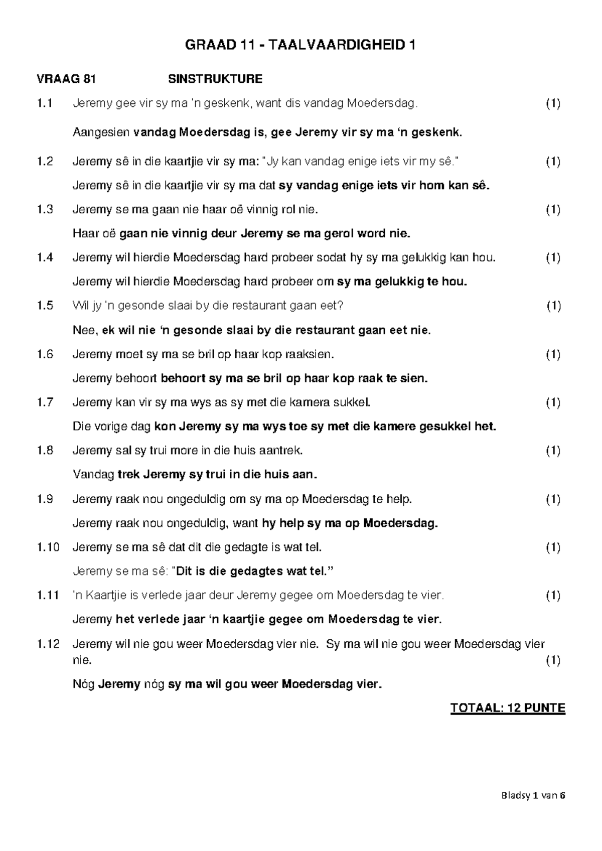 Extra Class - Master - MEMO Afrikaans Sinstrukture + Woordstruckture ...