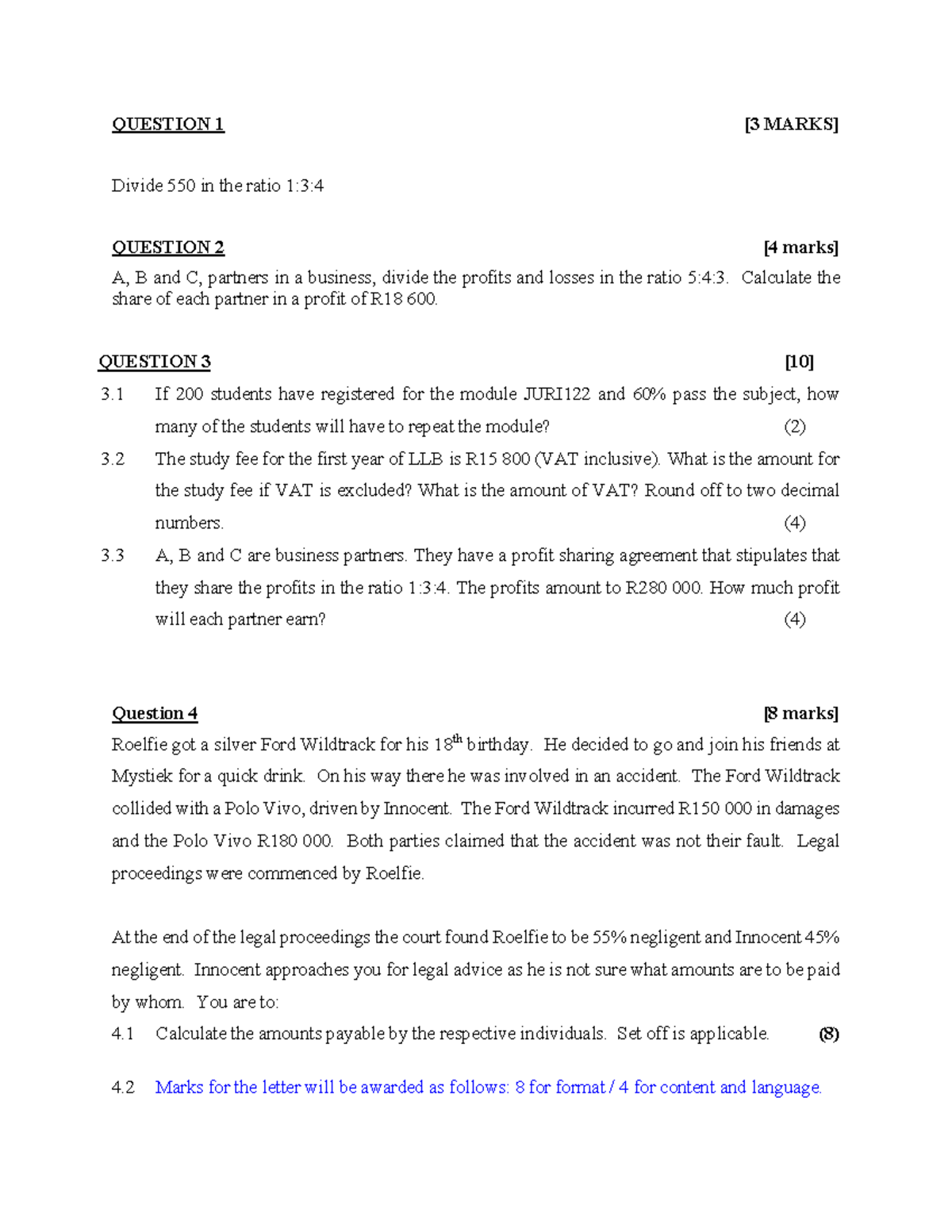 Study Unit 10 - Tutorial Questions 2022 - QUESTION 1 [3 MARKS] Divide ...