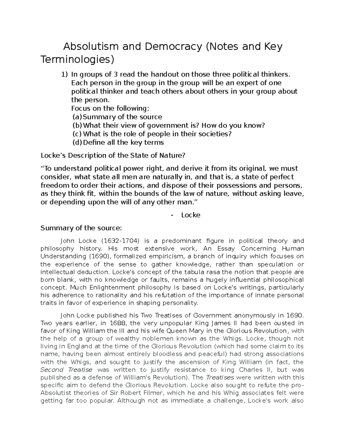 Absolutism and Democracy John Locke - Mississauga SS - Studocu