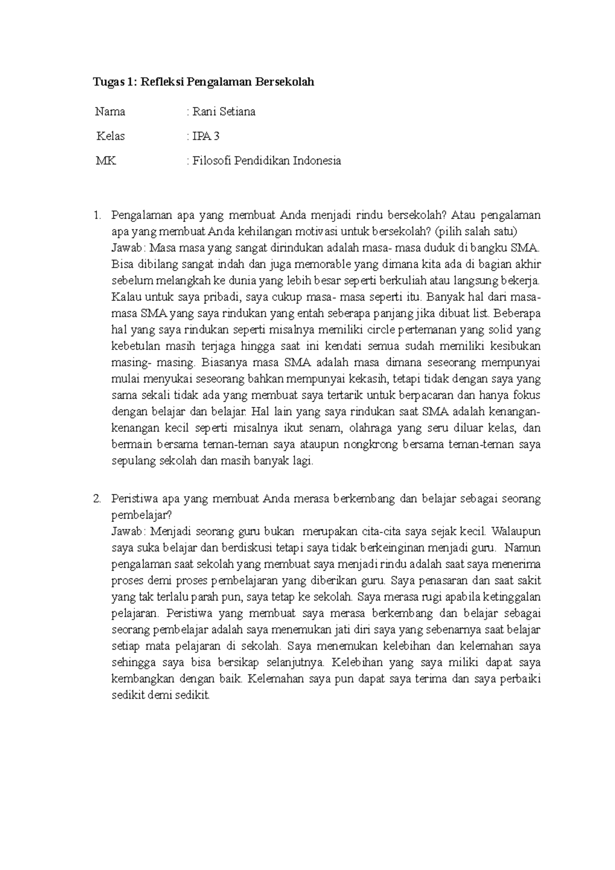 Topik 1 Mulai dari Diri - Tugas 1: Refleksi Pengalaman Bersekolah Nama ...