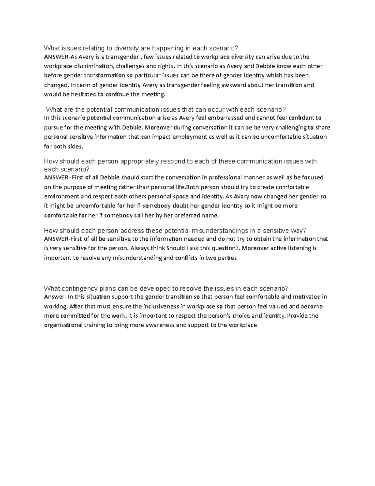 What issues relating to diversity are happening in each scenario - In ...