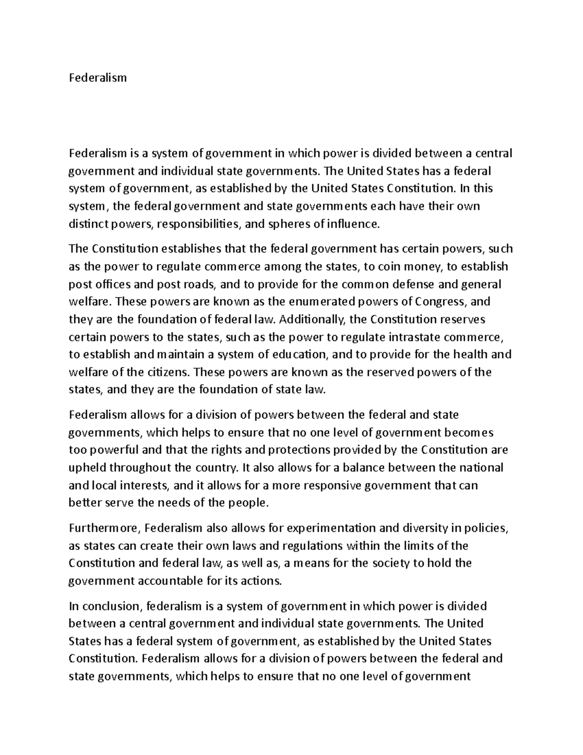 Federalism notes - Federalism Federalism is a system of government in ...