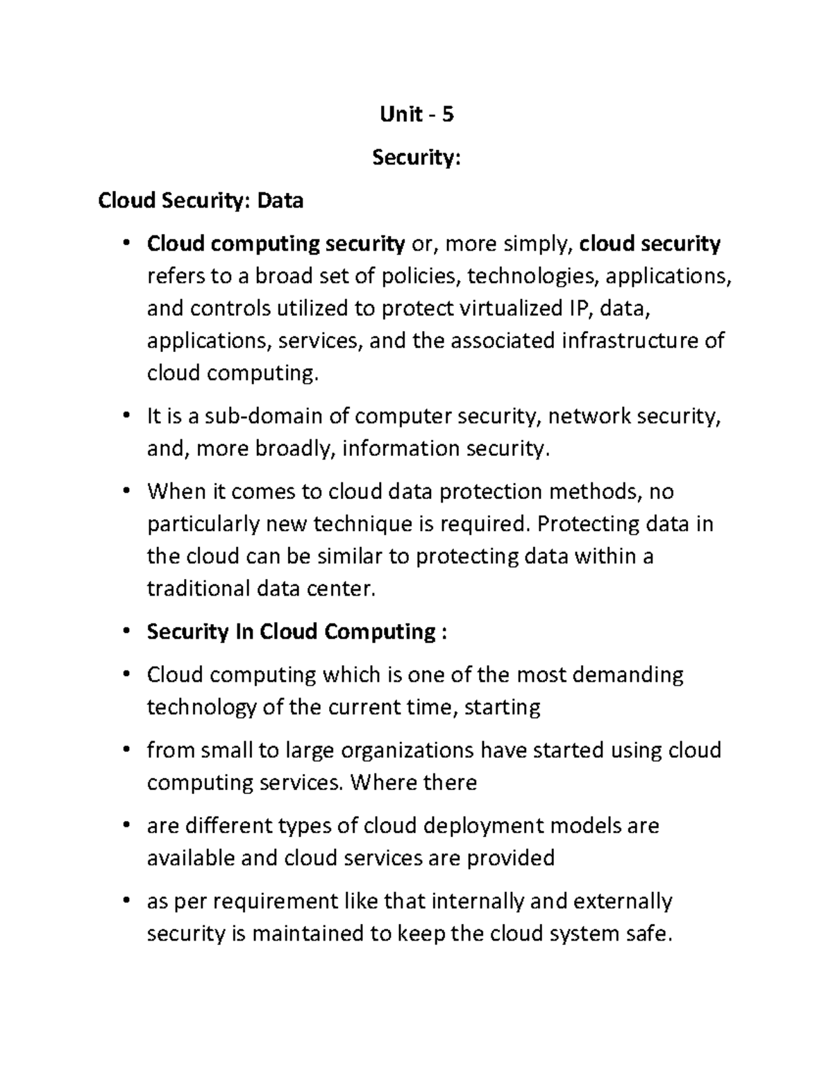 Chapter 5 - Summary Computer Engineering - Unit - 5 Security: Cloud Security: Data Cloud ...