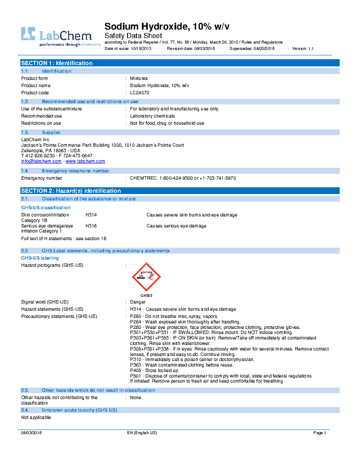Na OH SDS - Notes - Safety Data Sheet according to Federal Register ...