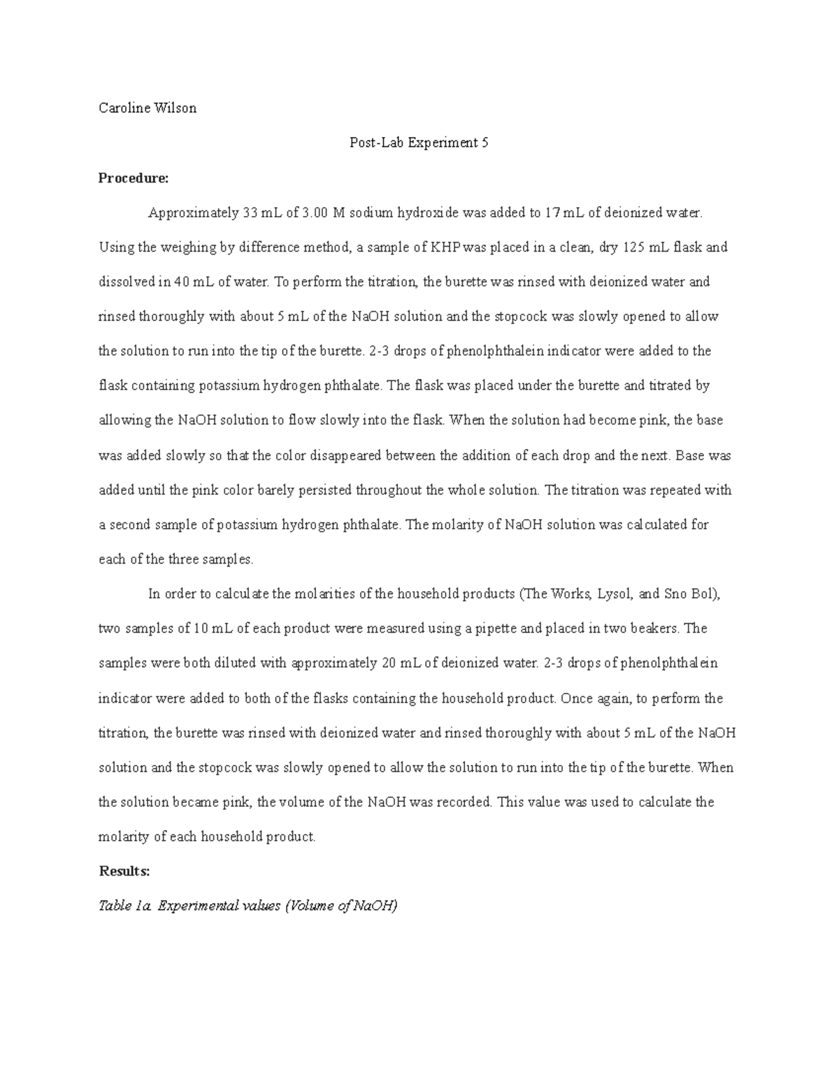 Post-Lab #5 - lab report #5 for general chemistry - Caroline Wilson ...