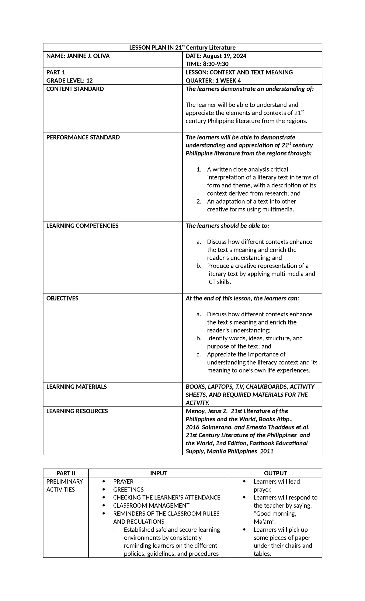 Format for lesson plan - LESSON PLAN IN 21st Century Literature NAME ...