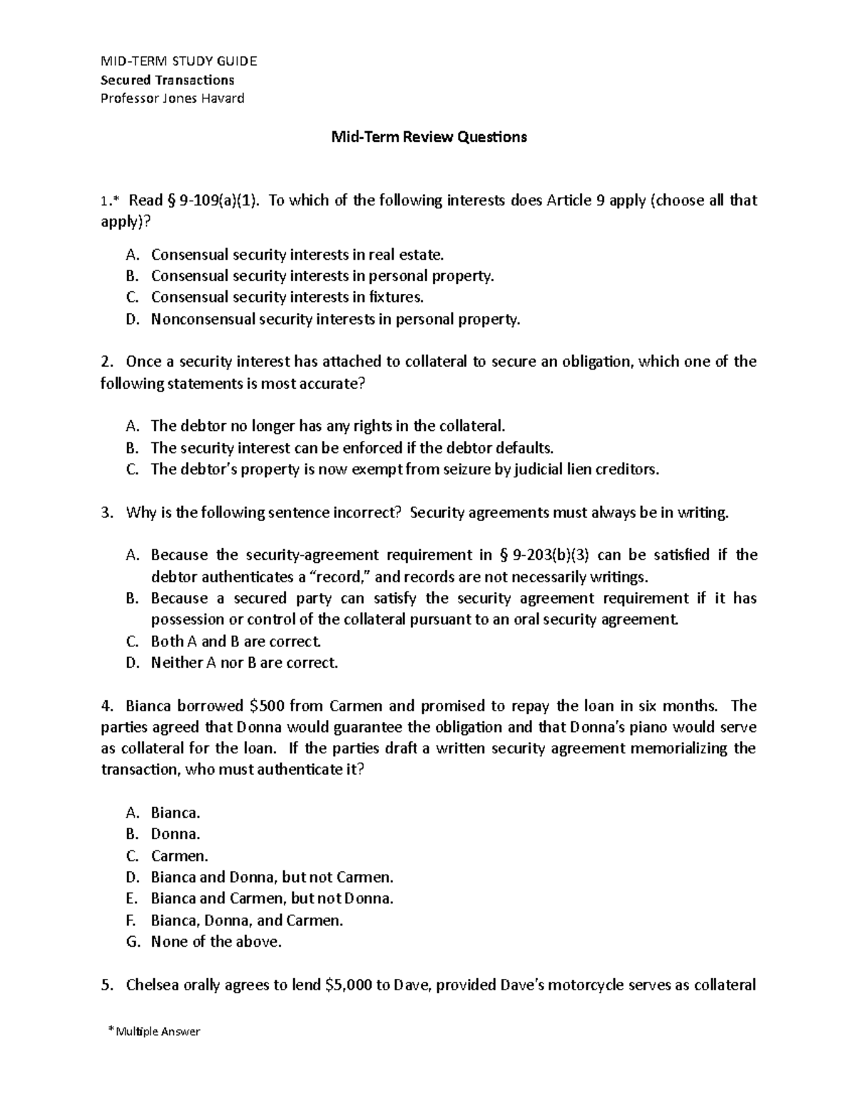 Sec Trans Midterm Practice Questions - Secured Transactions Professor ...