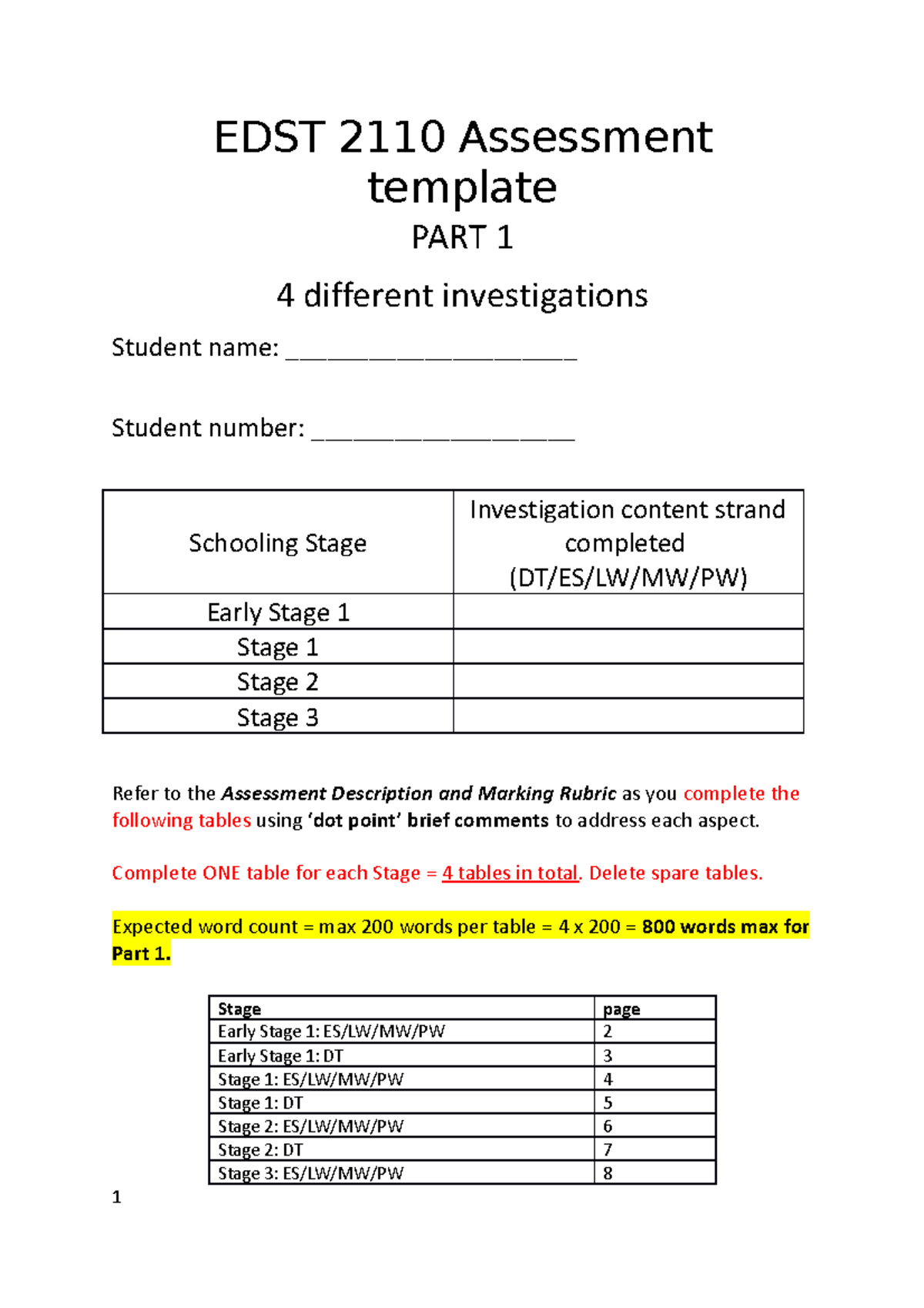 Part 1 Assessment template 4 different investigations - EDST 2110 ...