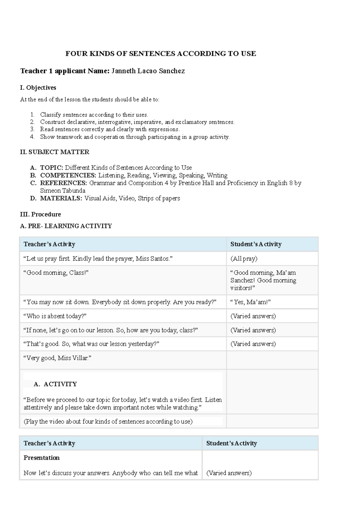 Detailed Lesson plan In 4 kinds of sente - FOUR KINDS OF SENTENCES ...