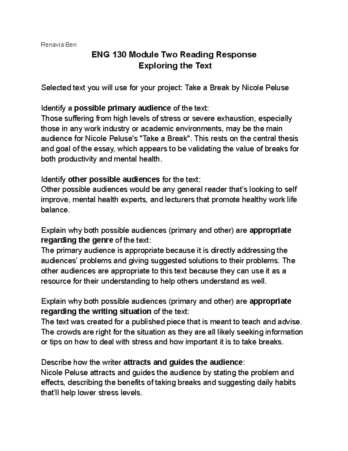 ENG 130 MOD TWO - Module 2 assignment - Renavia Ben ENG 130 Module Two Reading Response ...