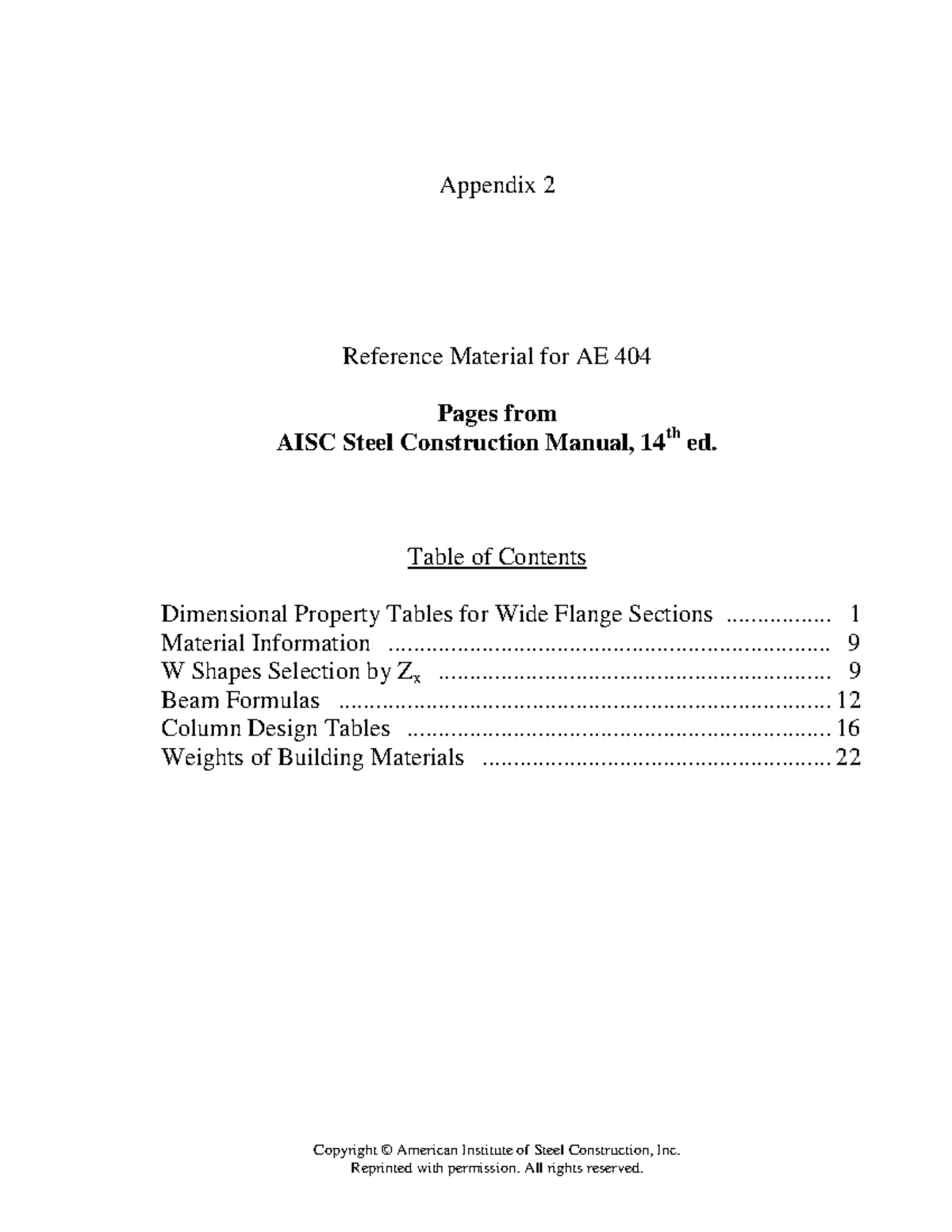 AISC Table - Copyright © American Institute of Steel Construction, Inc ...