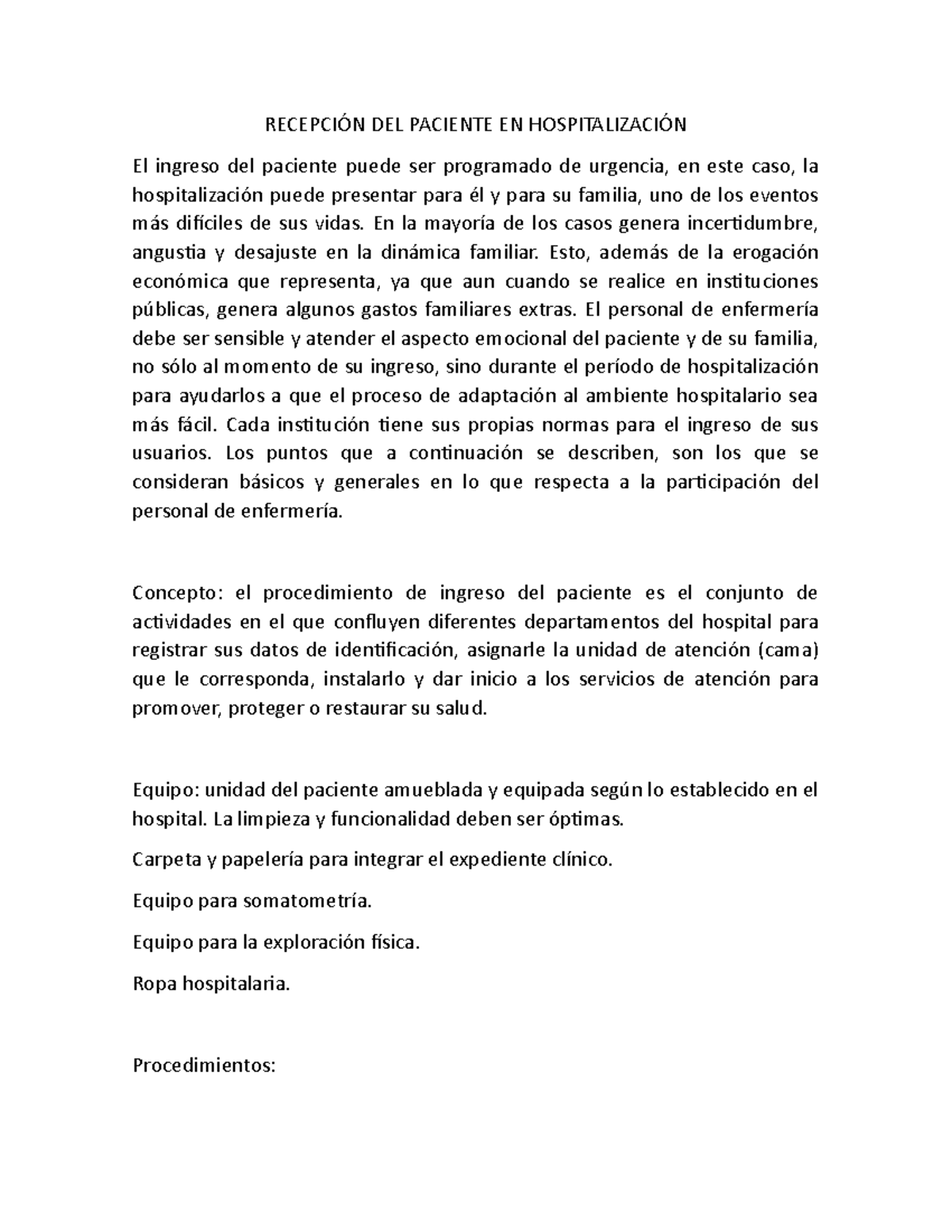 Recepción DEL Paciente EN Hospitalización - RECEPCIÓN DEL PACIENTE EN ...