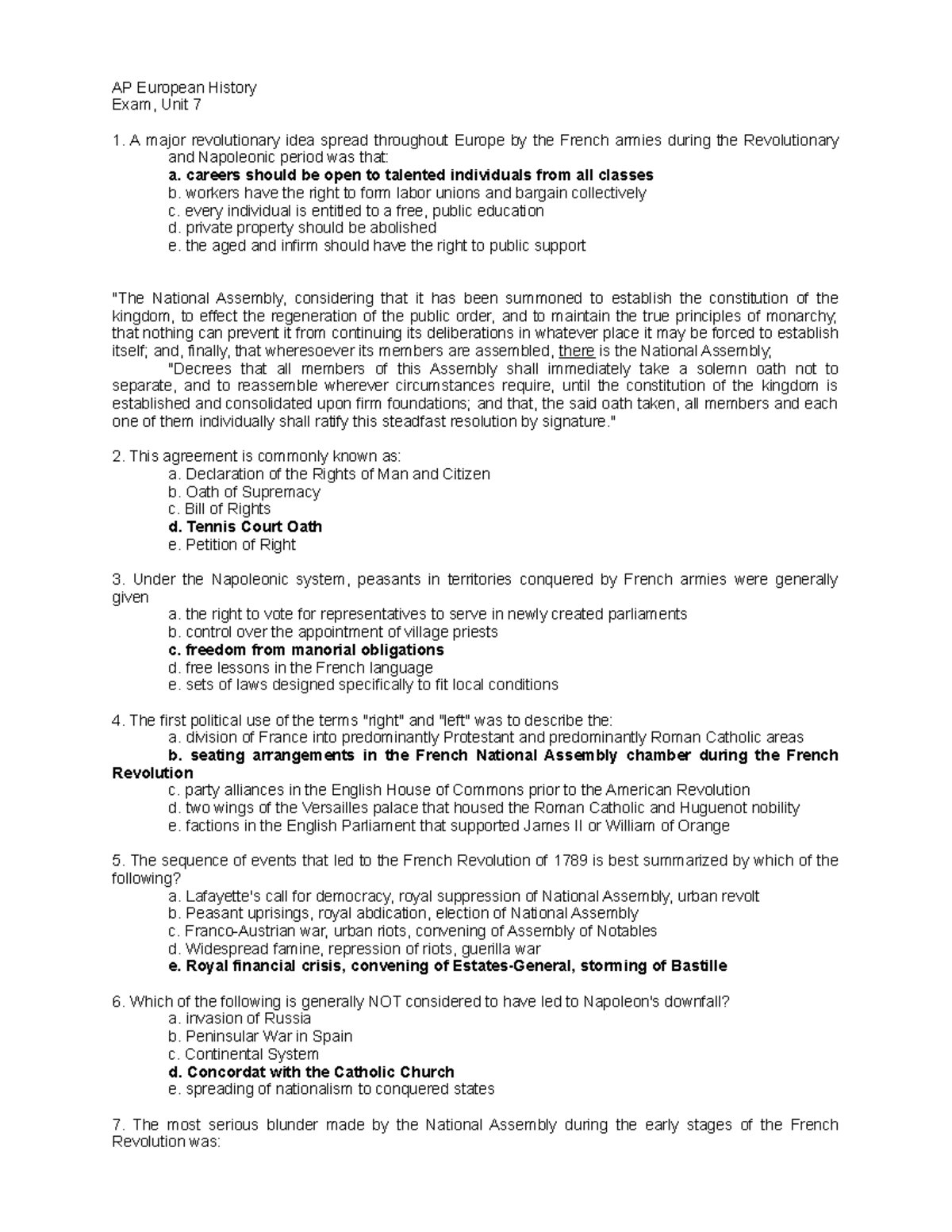 Fench Rev and Napoleon test - AP European History Exam, Unit 7 A major ...