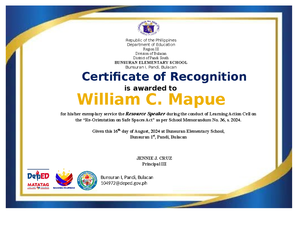Sir William-certificates - Certificate of Recognition is awarded to ...