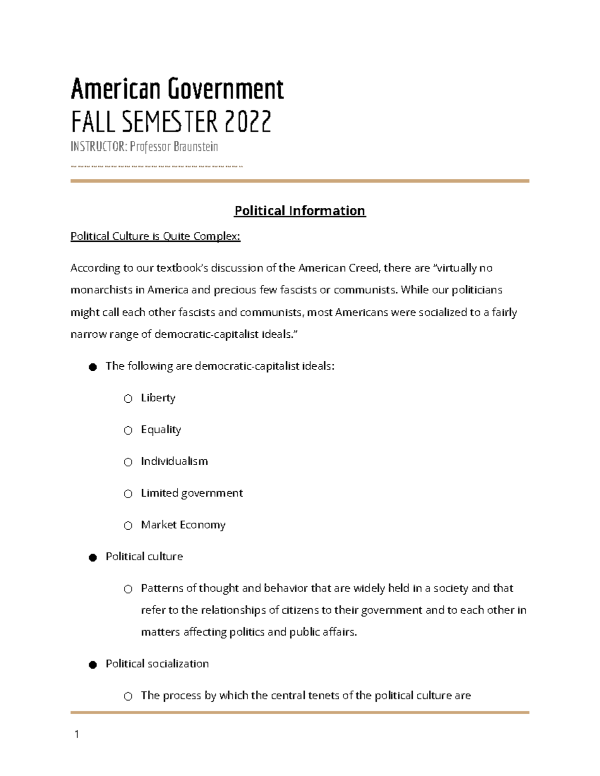 Class notes Political Information - American Government FALL SEMESTER ...