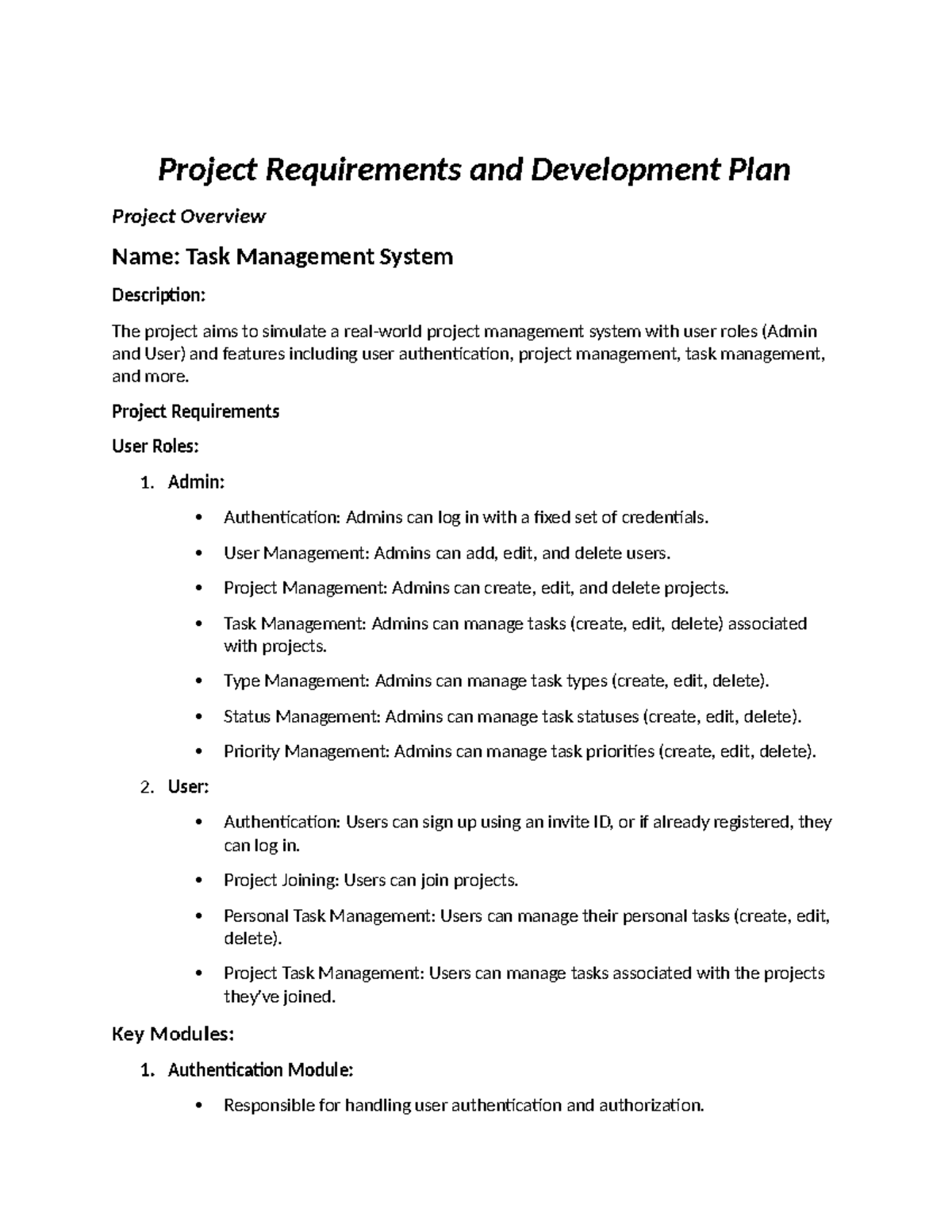 Project Requirements and Development Plan - Project Requirements User ...